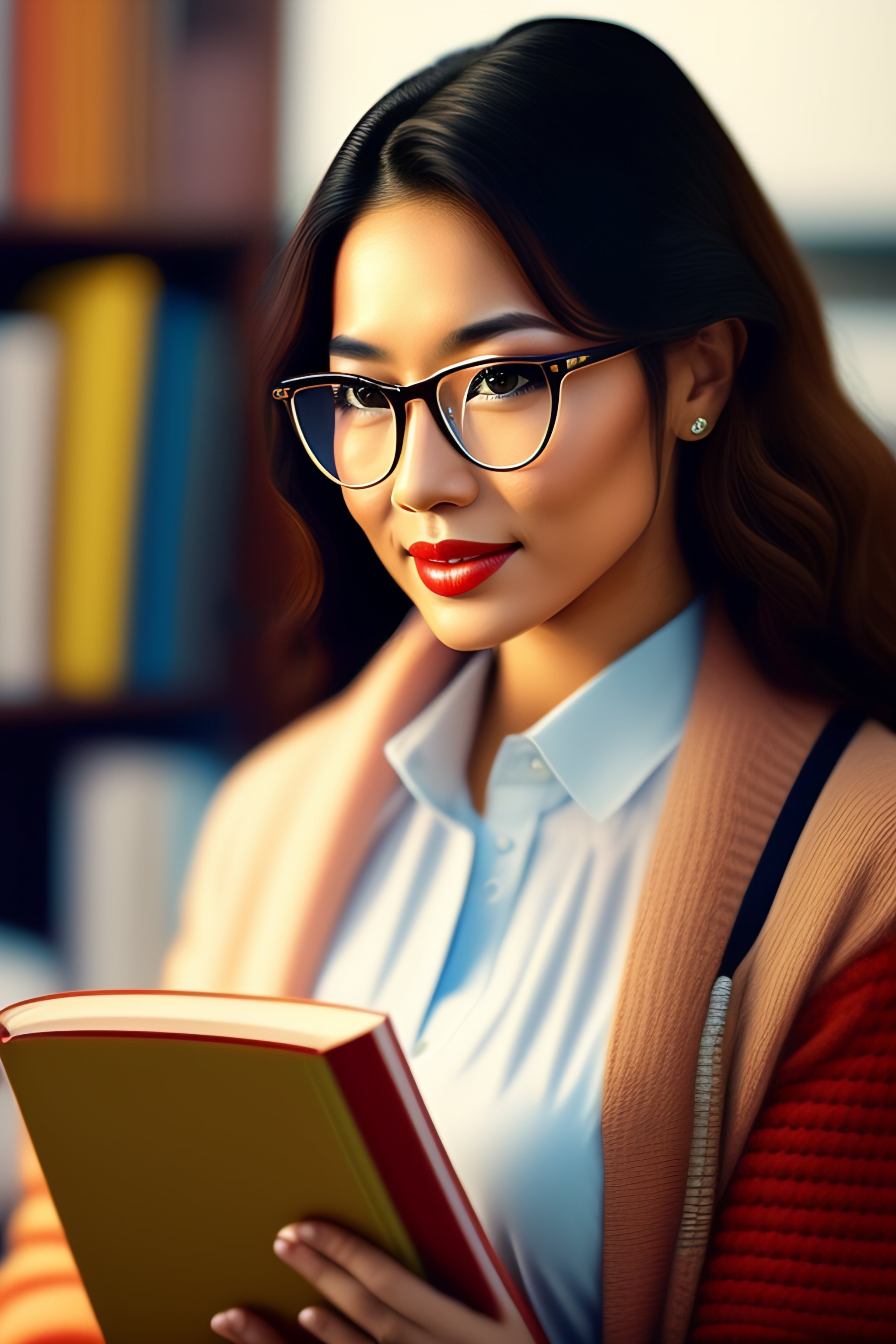 Lexica - A beautiful teacher with glasses is looking at me with a math ...