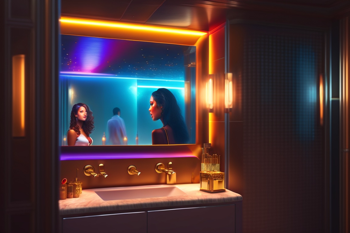 Lexica - Bathroom, Nightclub, girl, putting make up and Dancing, Mirror ...