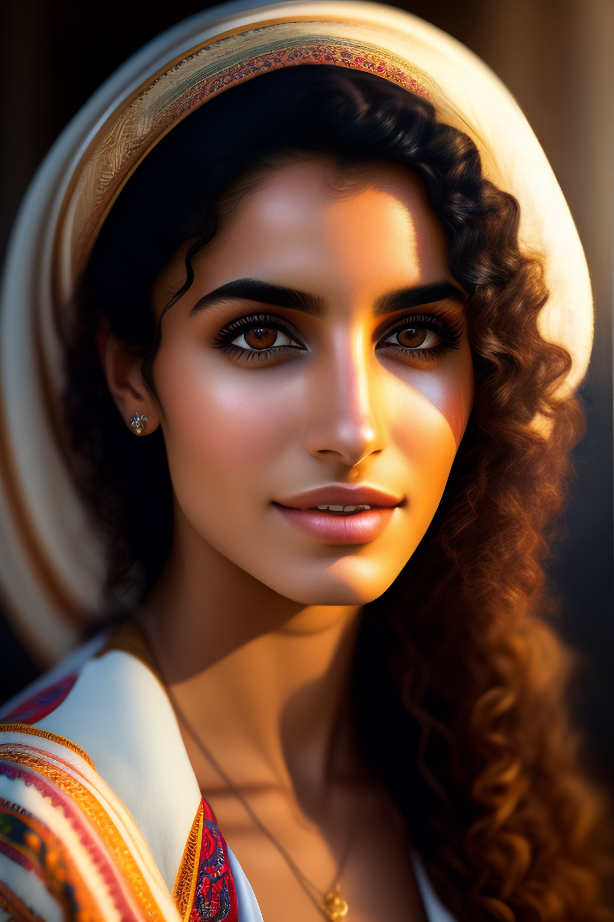 Lexica - Young middle eastern woman , pretty nose , curly hair ...