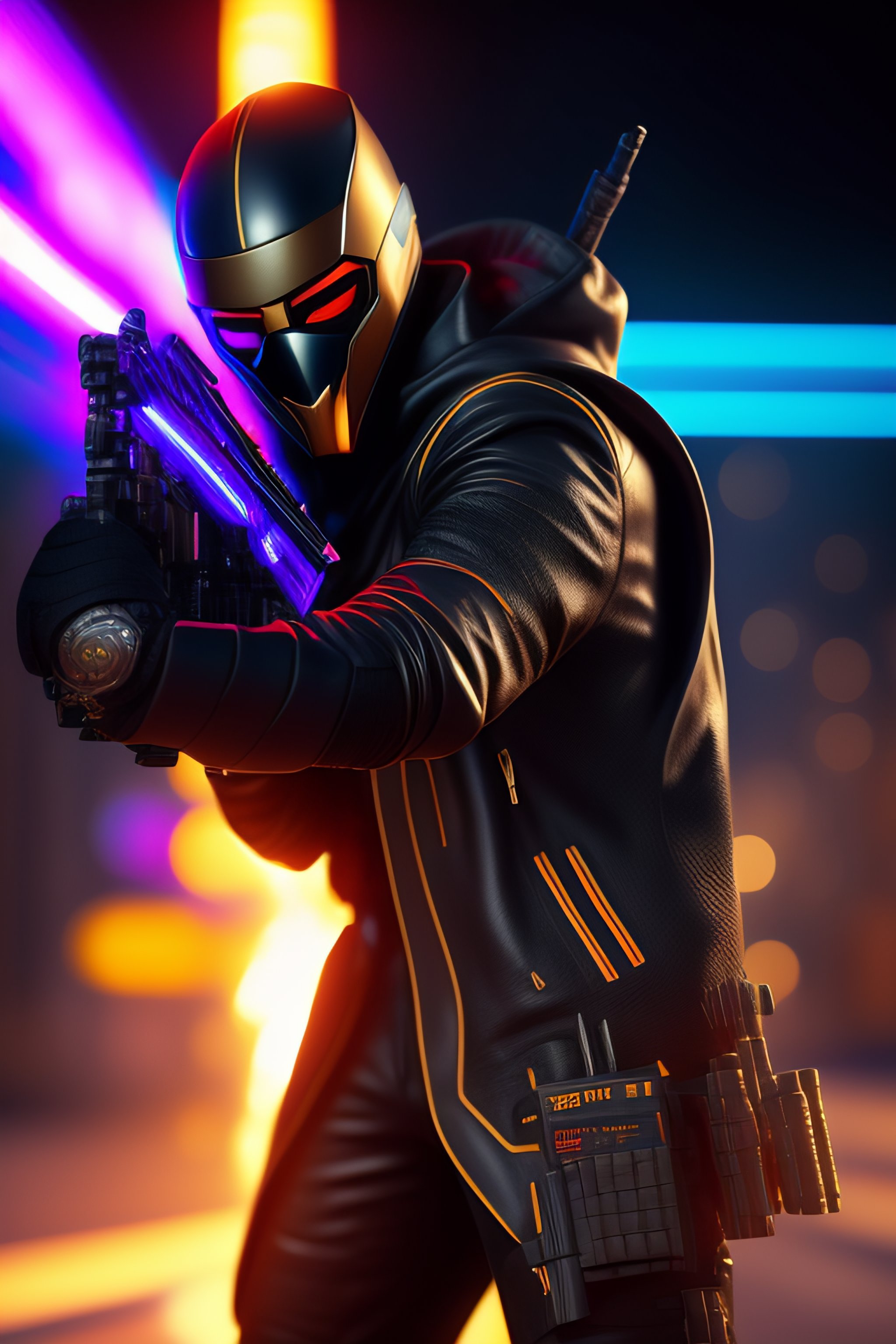 Lexica - Futeristic cyberpunk masked assassin, shooting gun, hyper ...