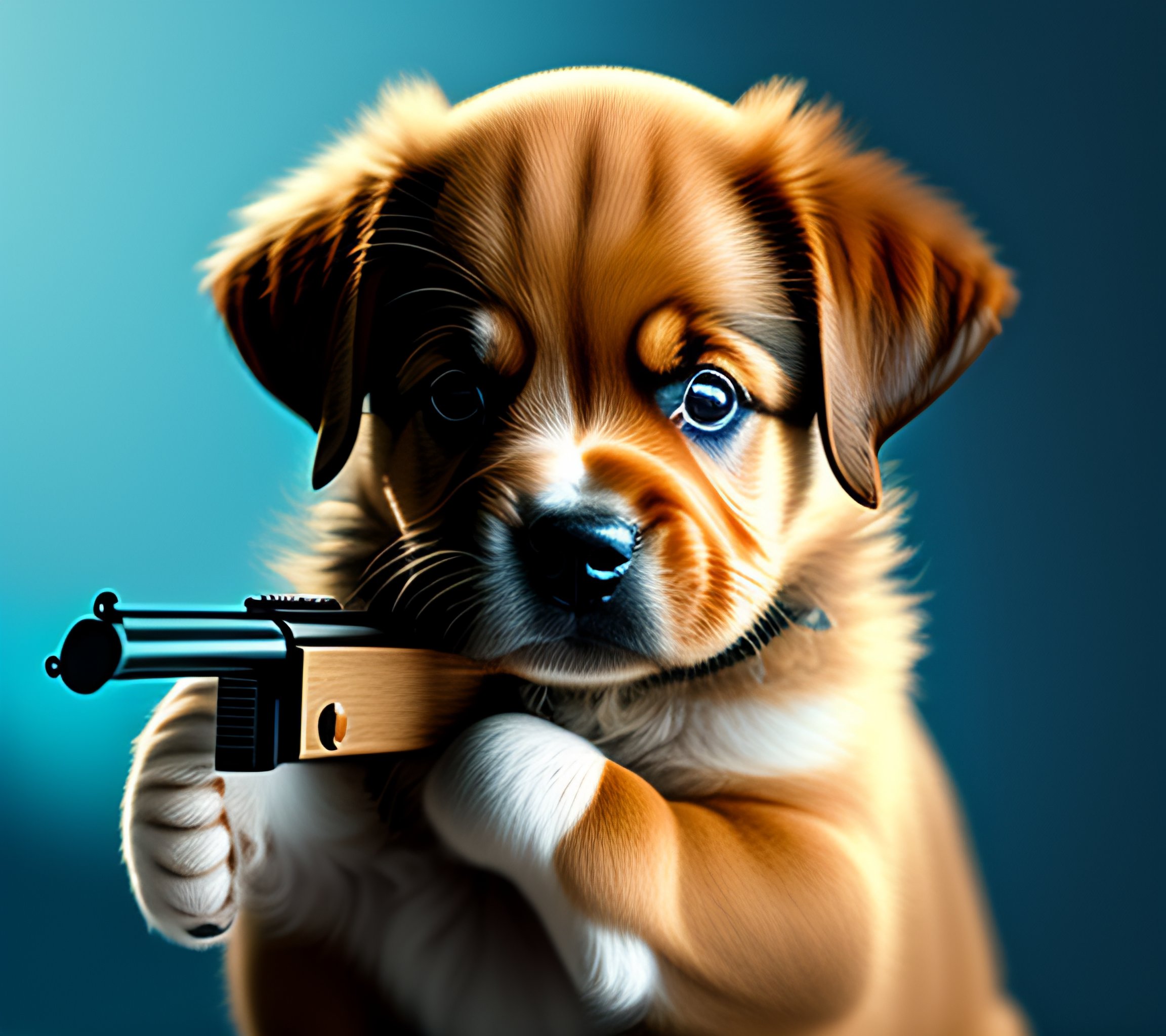 Lexica - A puppy holding a gun