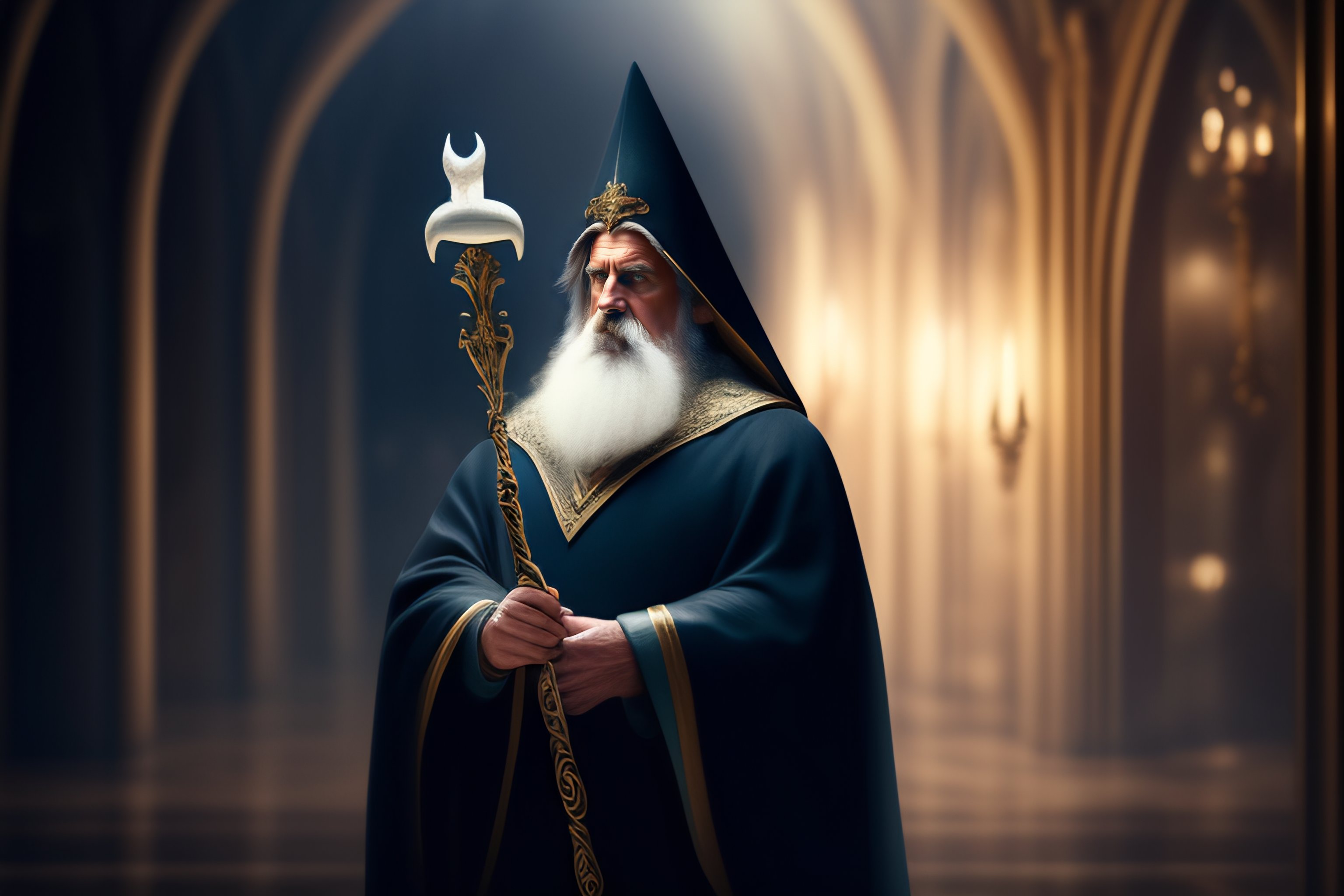 Lexica - One Greek wizard in dark robe hold a staff that has a white ...