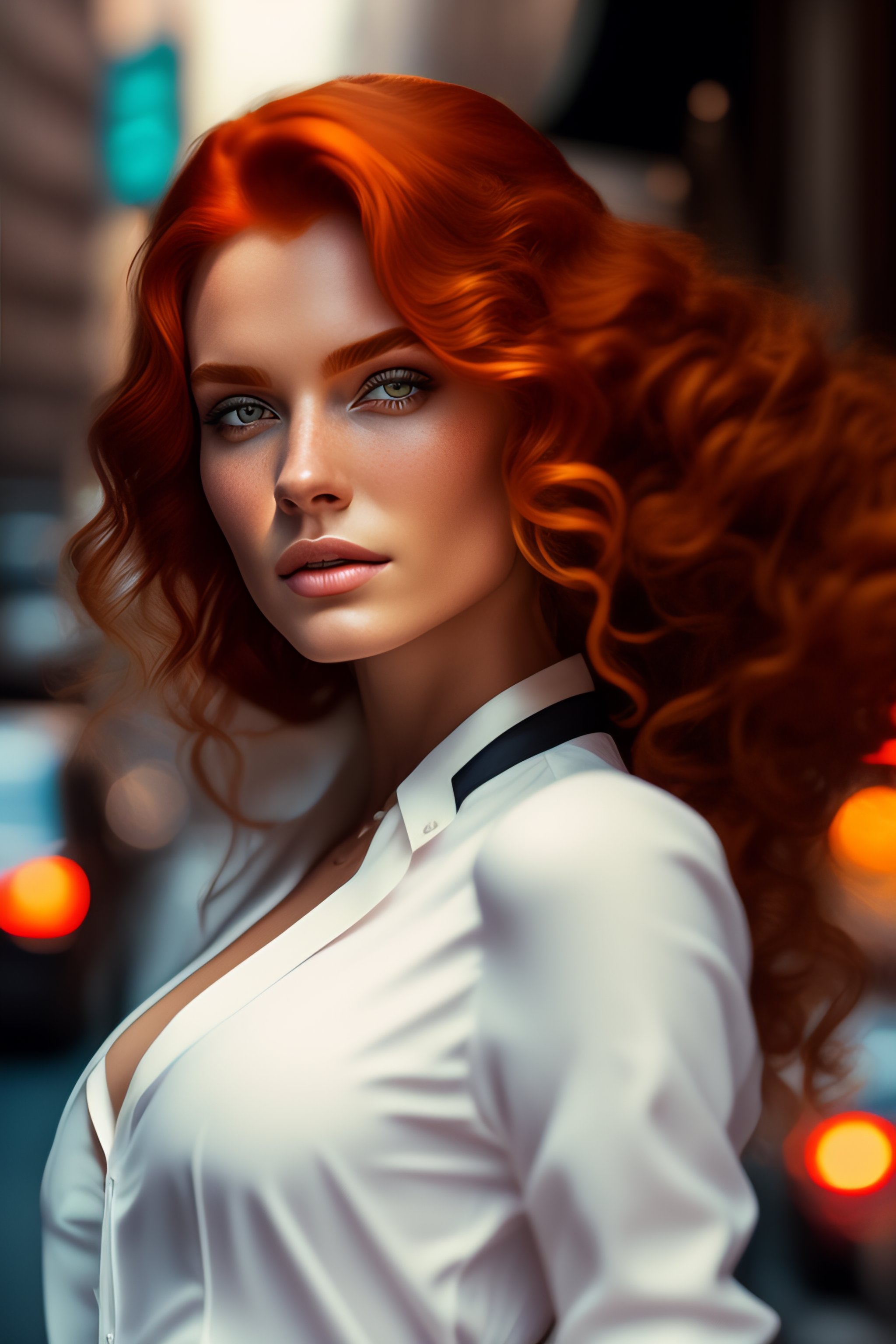 Lexica Extremely Beautiful Redhead Woman On Crowded New York Street Messy Bun Hair White