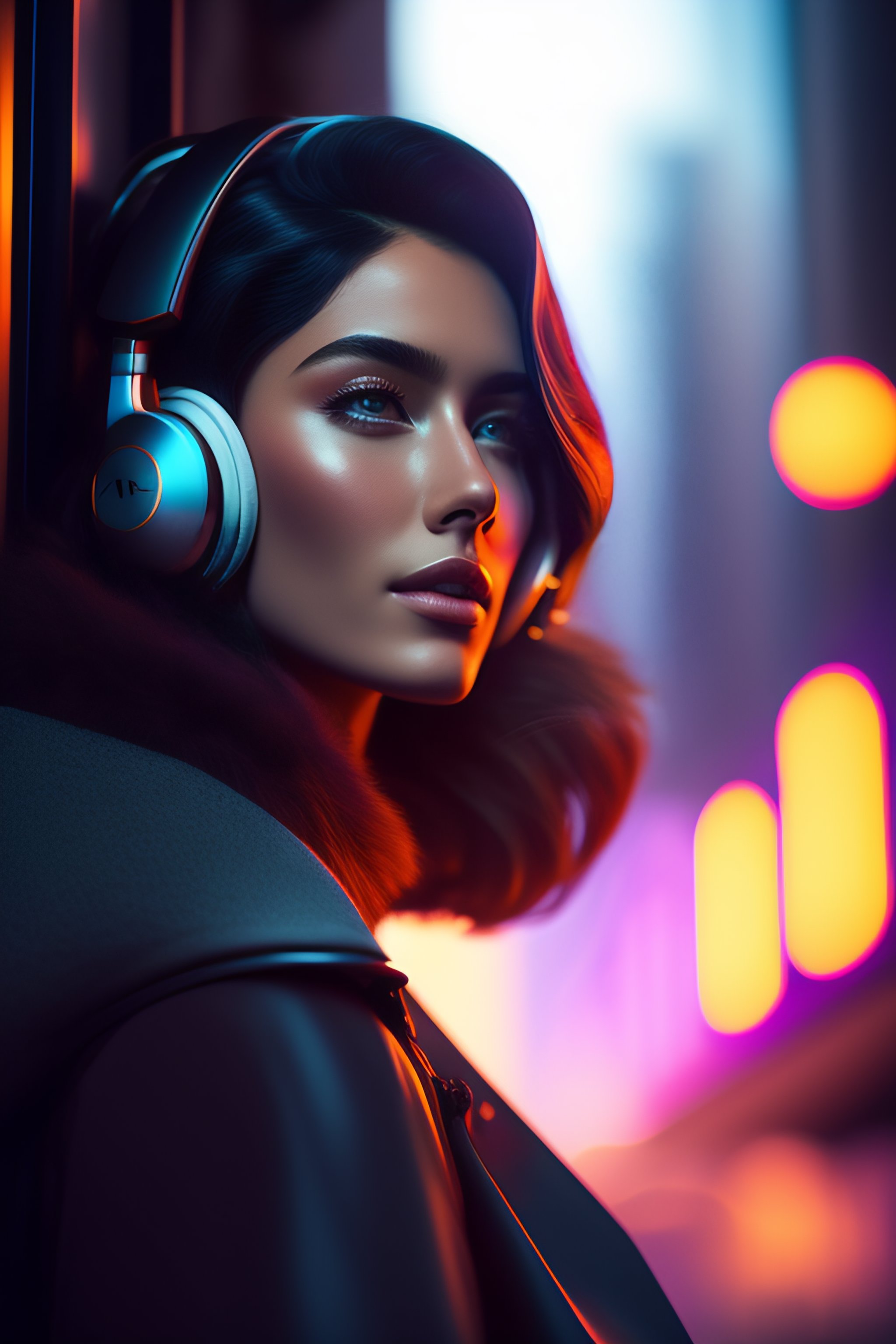 Lexica - Synthwave young and beautiful girl wearing headphones in full ...