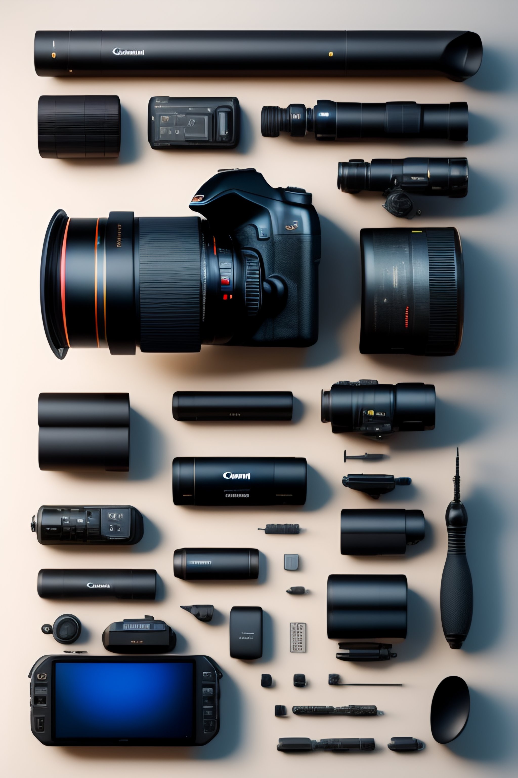 Lexica - Canon photocamera, Costumes and props, Knolling, Knolling ...