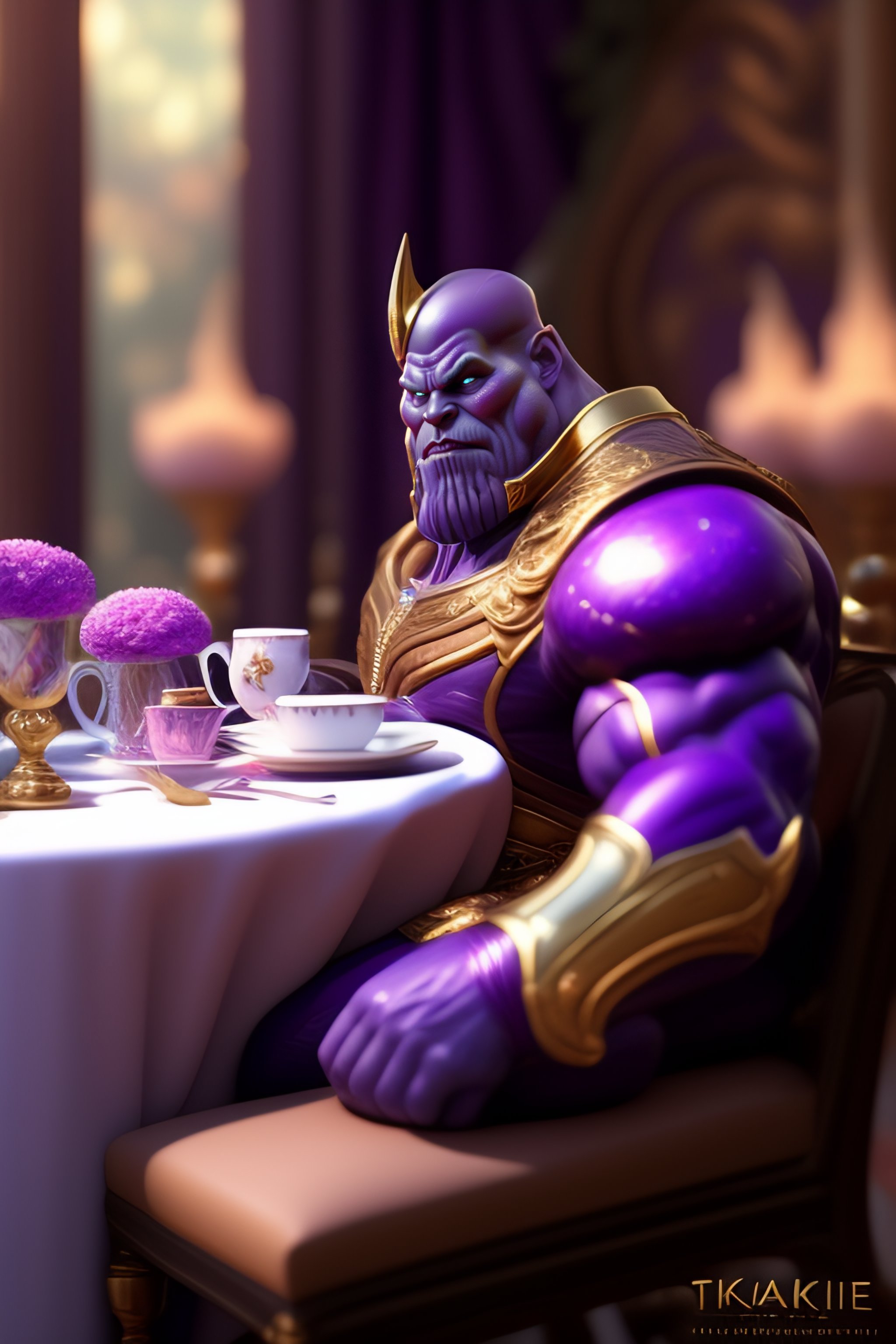 Lexica - “thanos at a tea party by Thomas Kinkade, Alice in Wonderland, trending on Artstation”