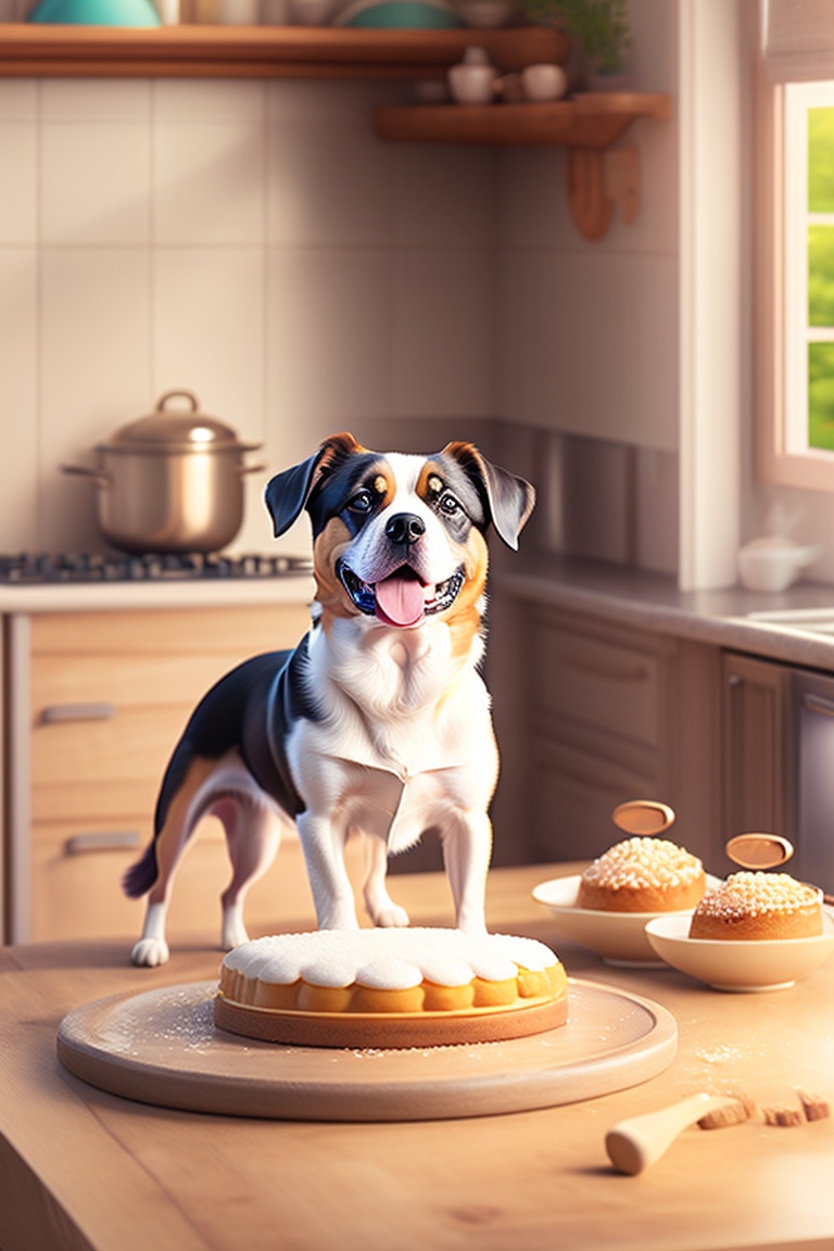 Lexica - A cute dog baking a cake in a sunny kitchen, photograpy