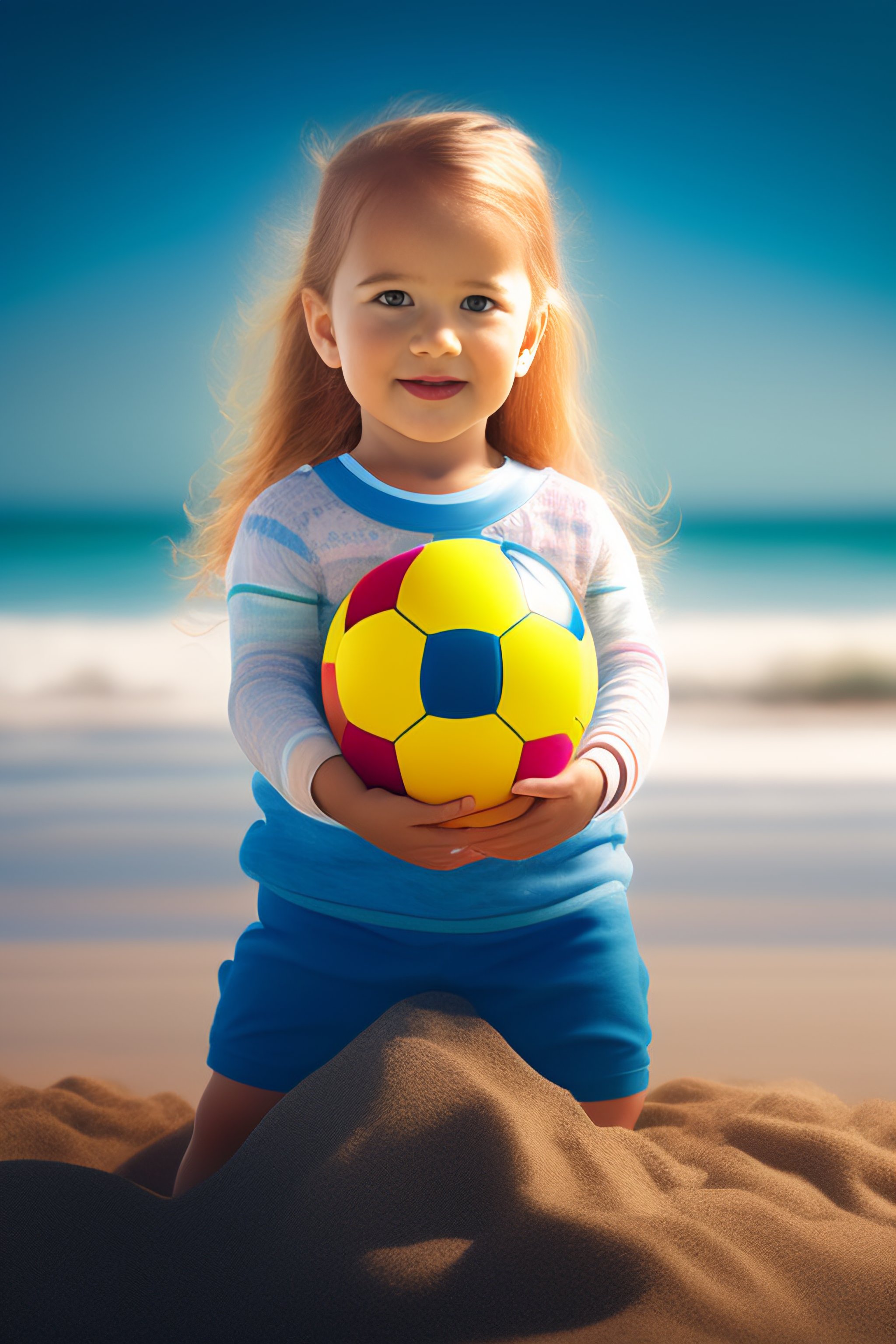 Lexica - A realistic foto of child in the beach with her ball