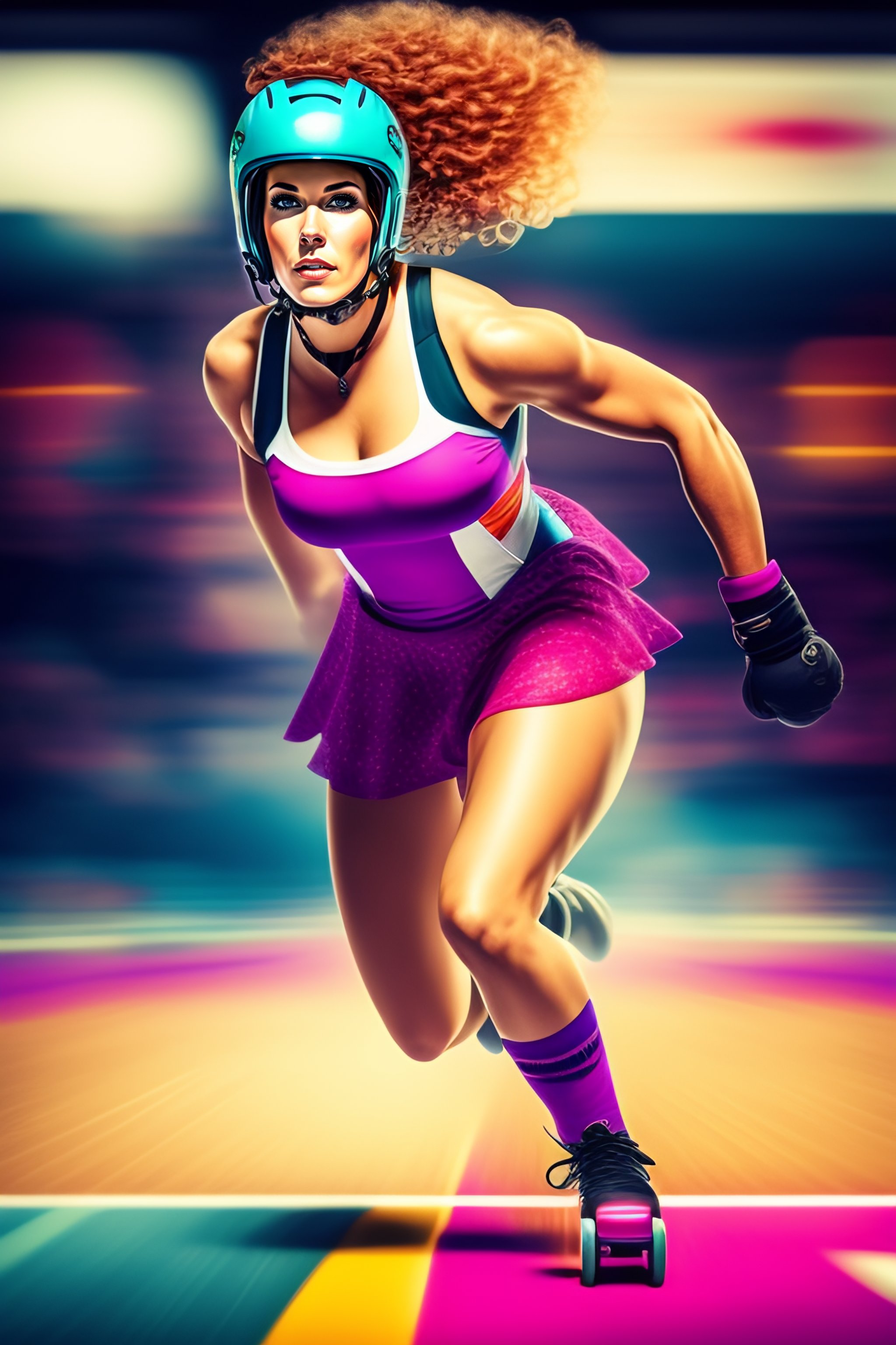 Lexica - Roller derby girl sprinting Cross-Over , full length portrait, logo,