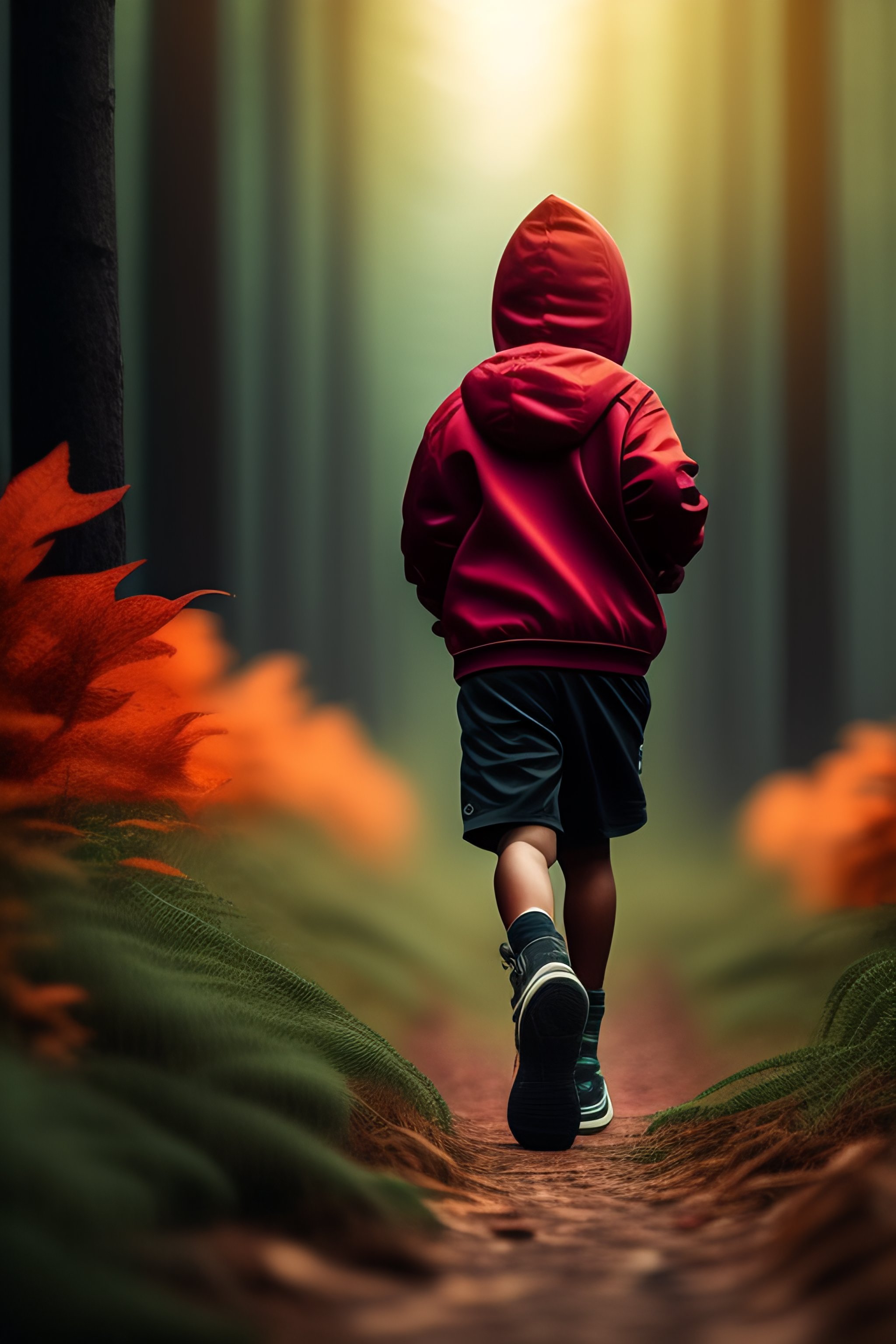 Lexica - One leg, black boy, red cap, forest, realistic