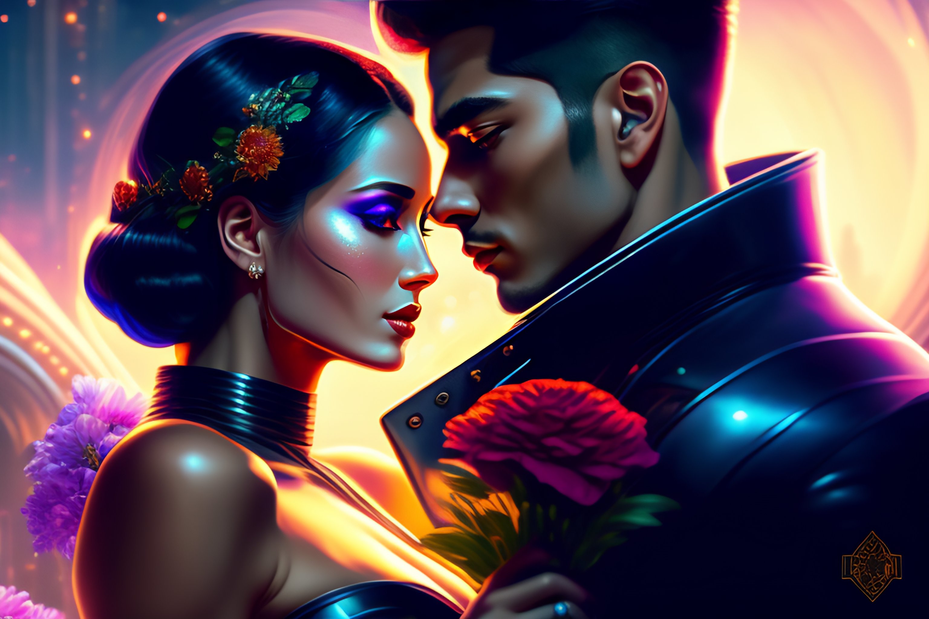 Lexica - An android man gives a bouquet of flowers to a beautiful human ...