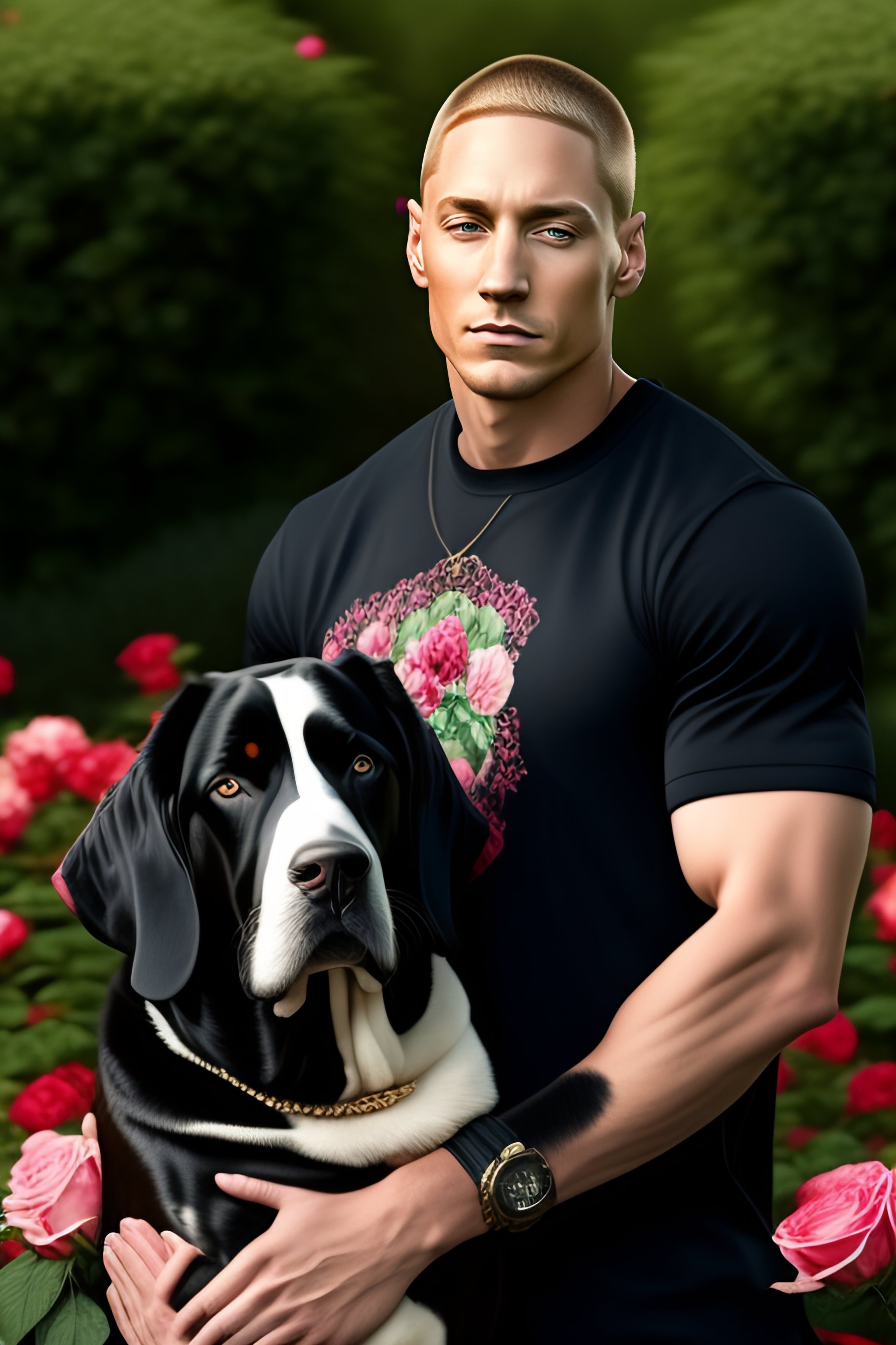 Lexica - Highly realistic photo of Eminem, holding a black Great Dane ...