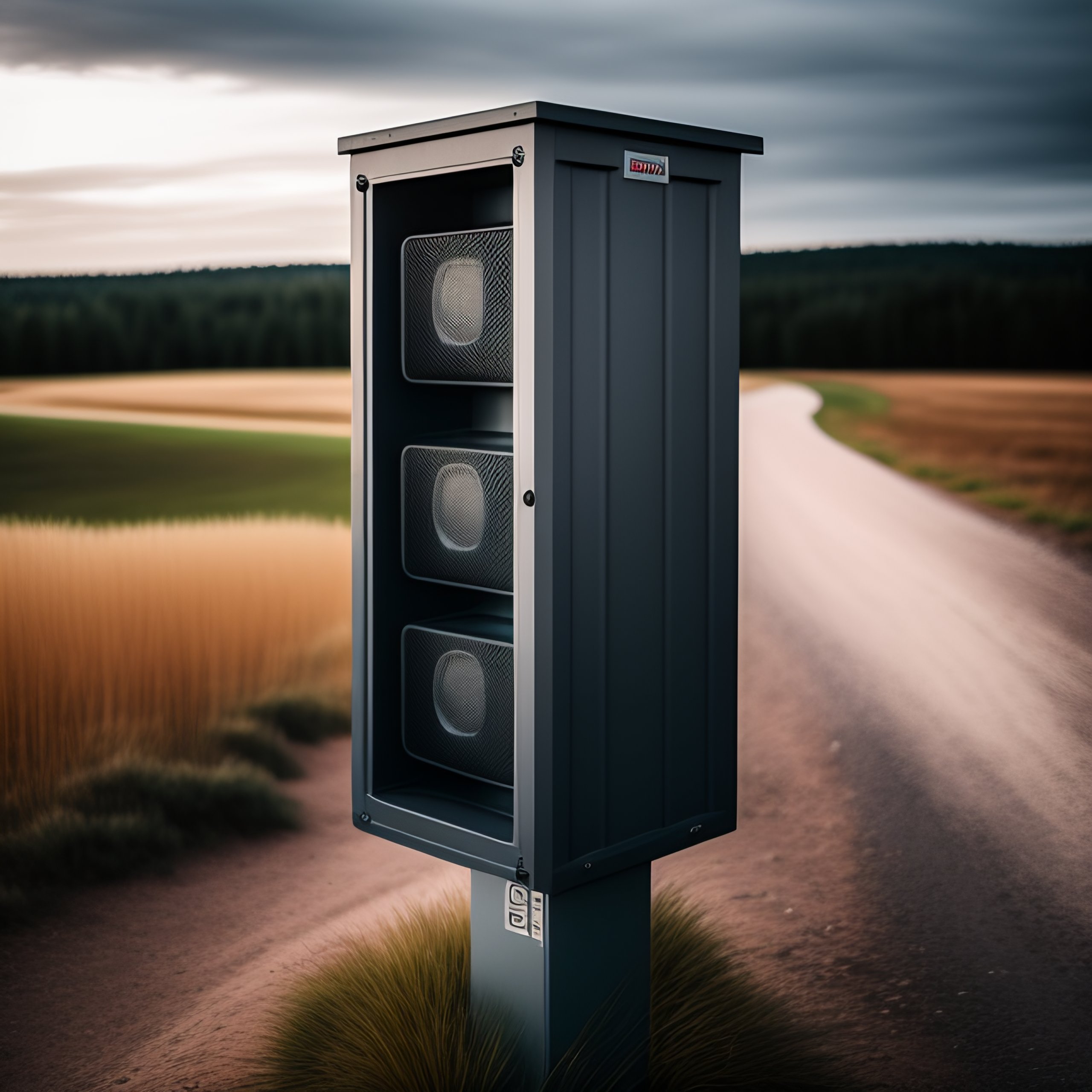 Lexica - A weatherproof gray box on a pole along a dirt road in the country