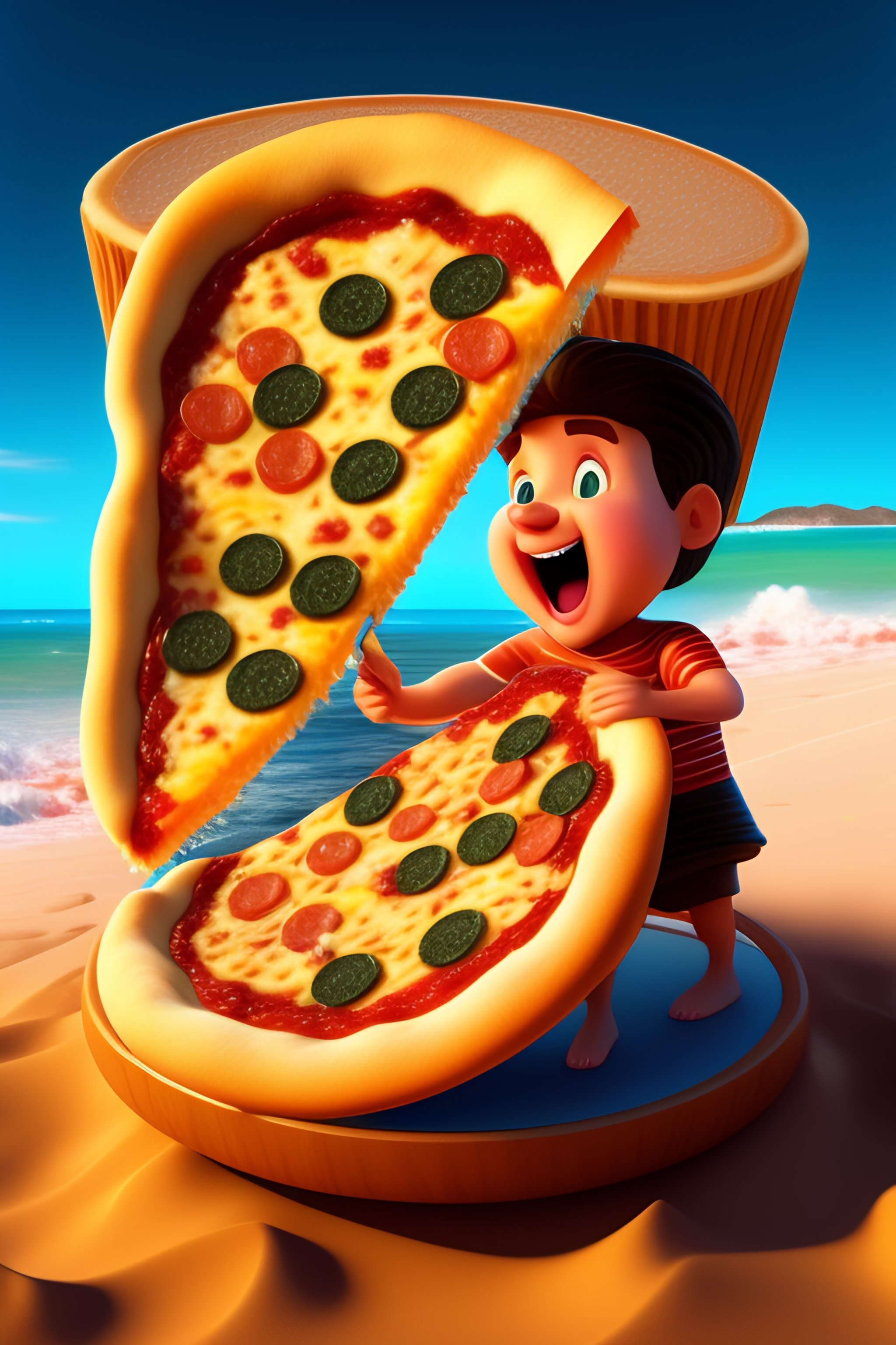 Lexica - Cool 3d cartoon eating pizza on a beach, colorfull, 8k