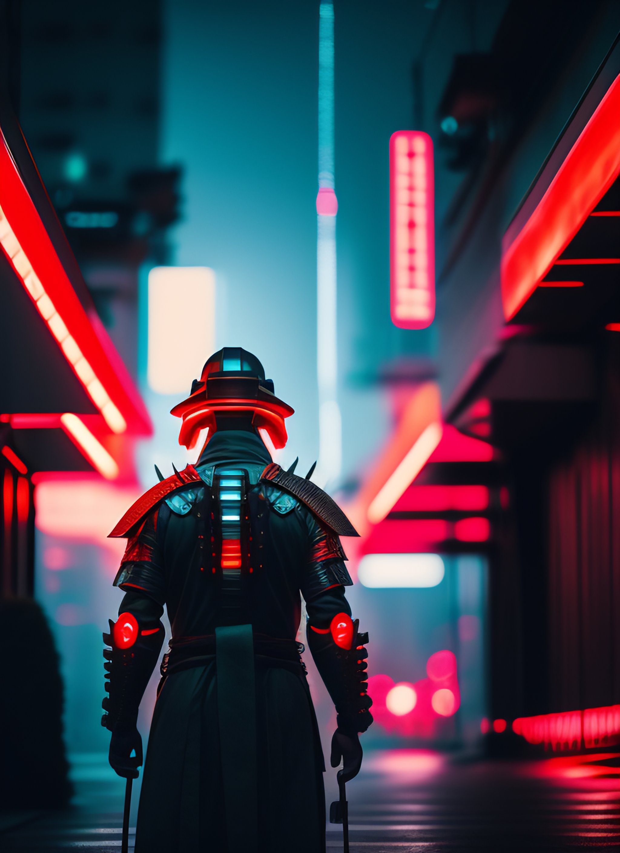 Lexica - Futuristic samurai, humanoid, iron suit, bue and red neon ...