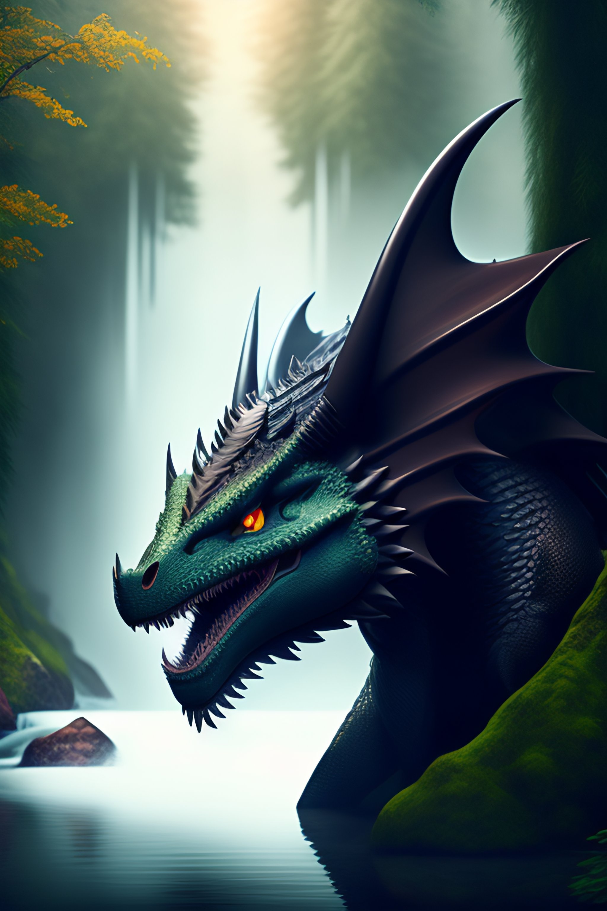 Lexica - Anthropomorphic dragon Toothless in a middle of forest with river