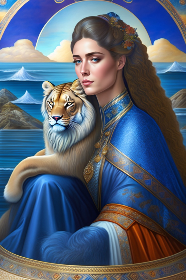 Lexica - Blue, strength tarot, female with a lion sitting beside her