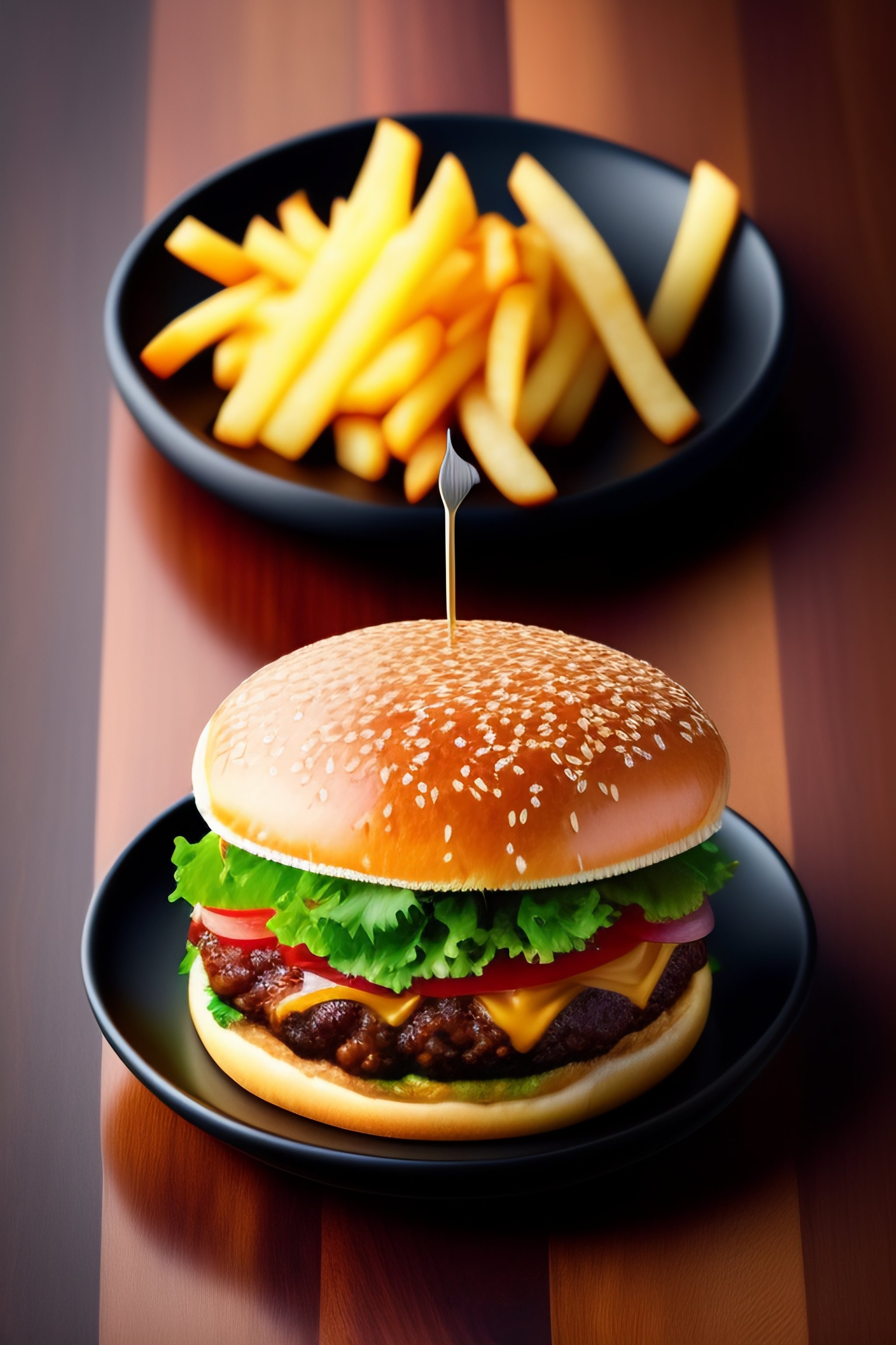 Lexica - Really small hamburger with two fries on a really big plate