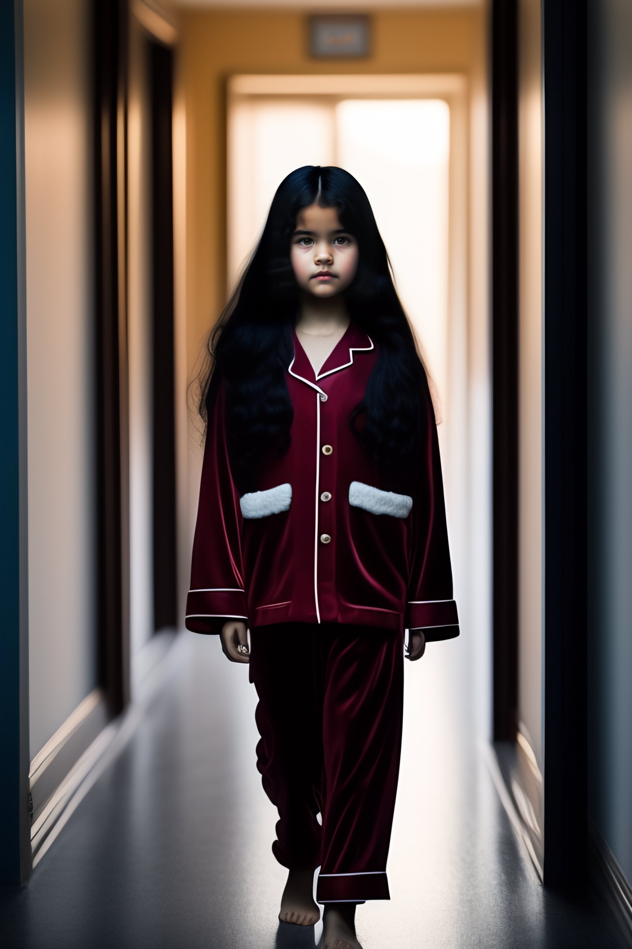 Lexica - Creepy girl in pajamas with long black hair standing in dark ...