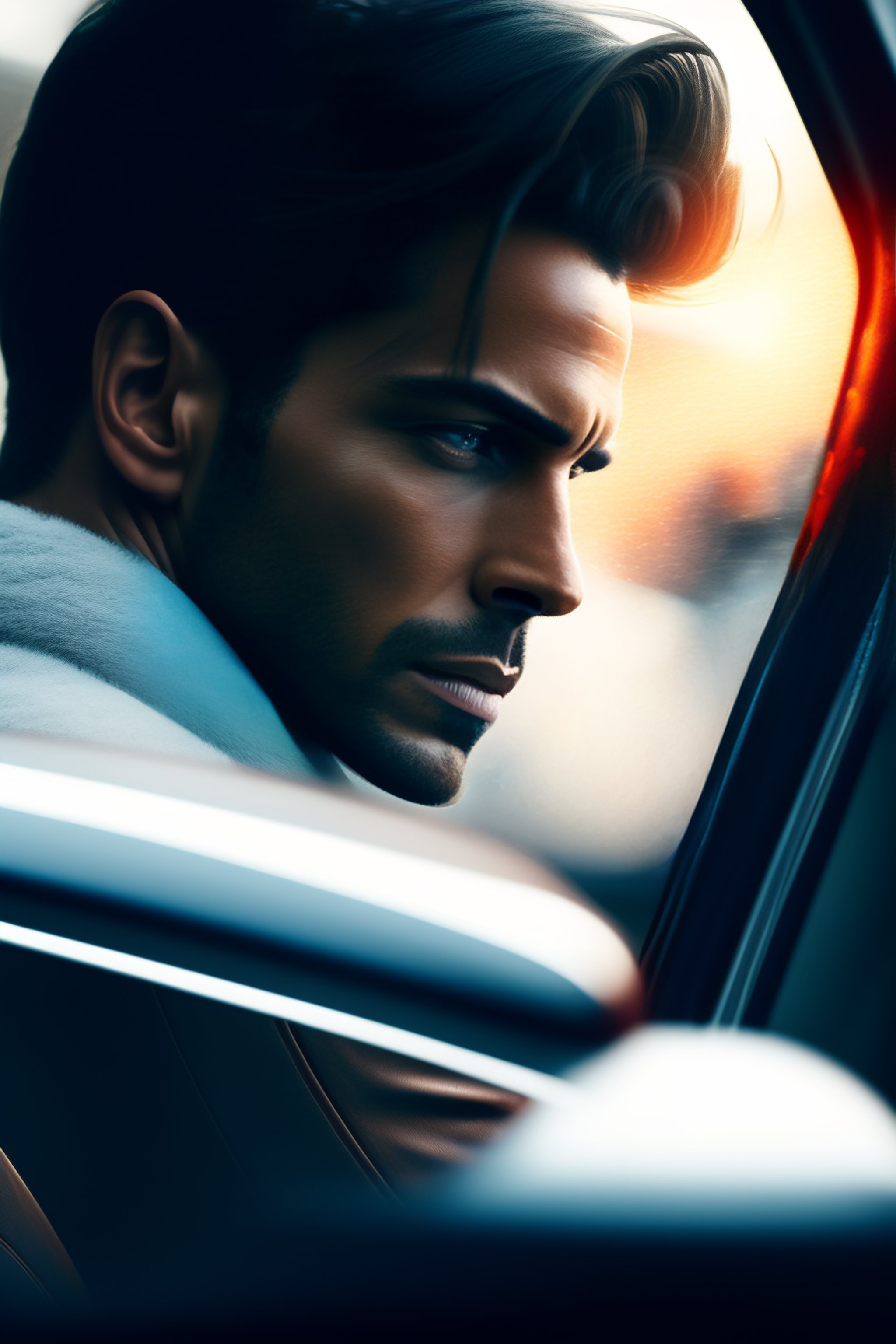 Lexica - A closeup action shot of a male spy driving through the narrow ...