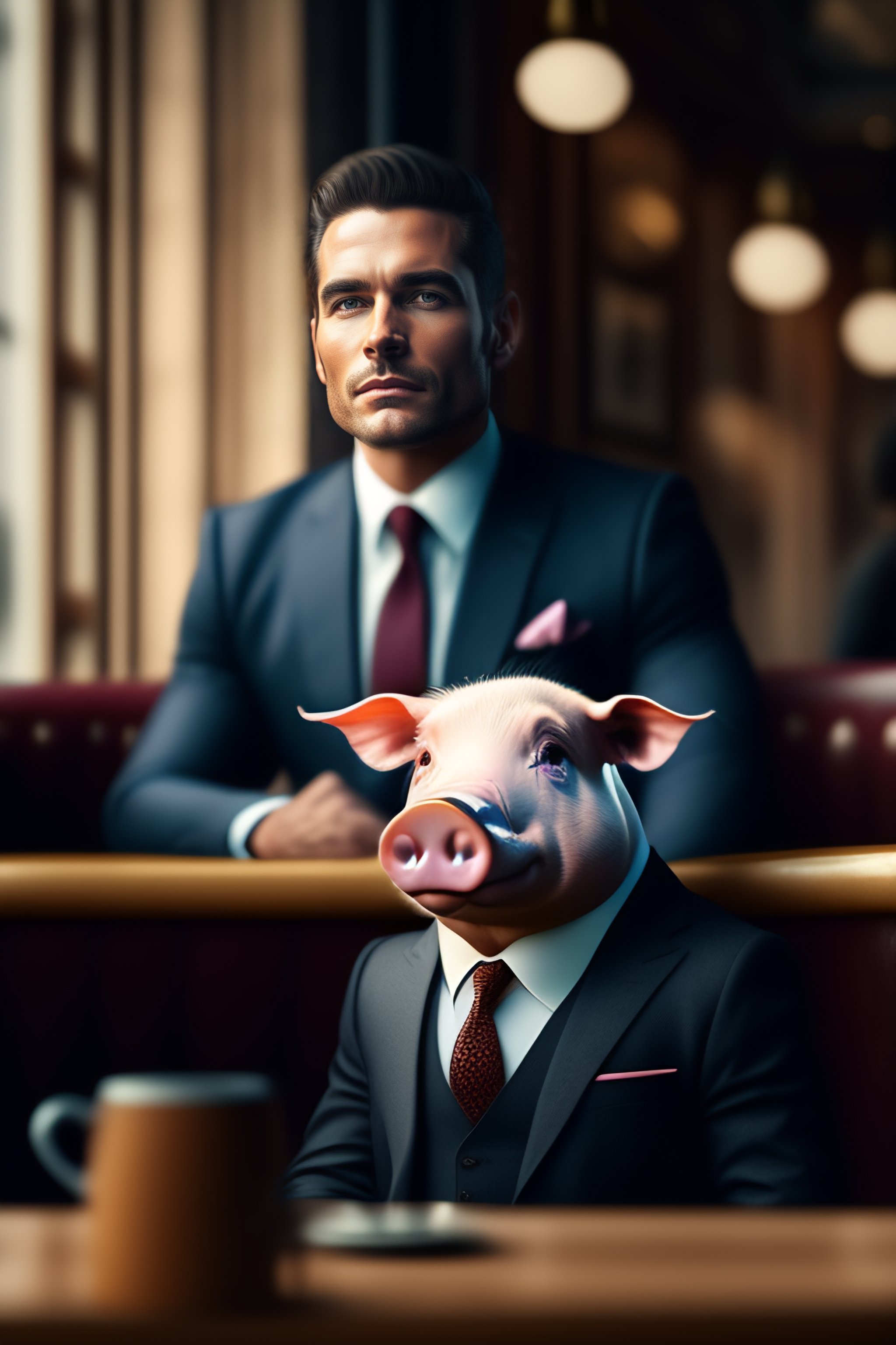 Lexica - A pig in 3 piece suit, sitting in a cafe. hyper realistic ...