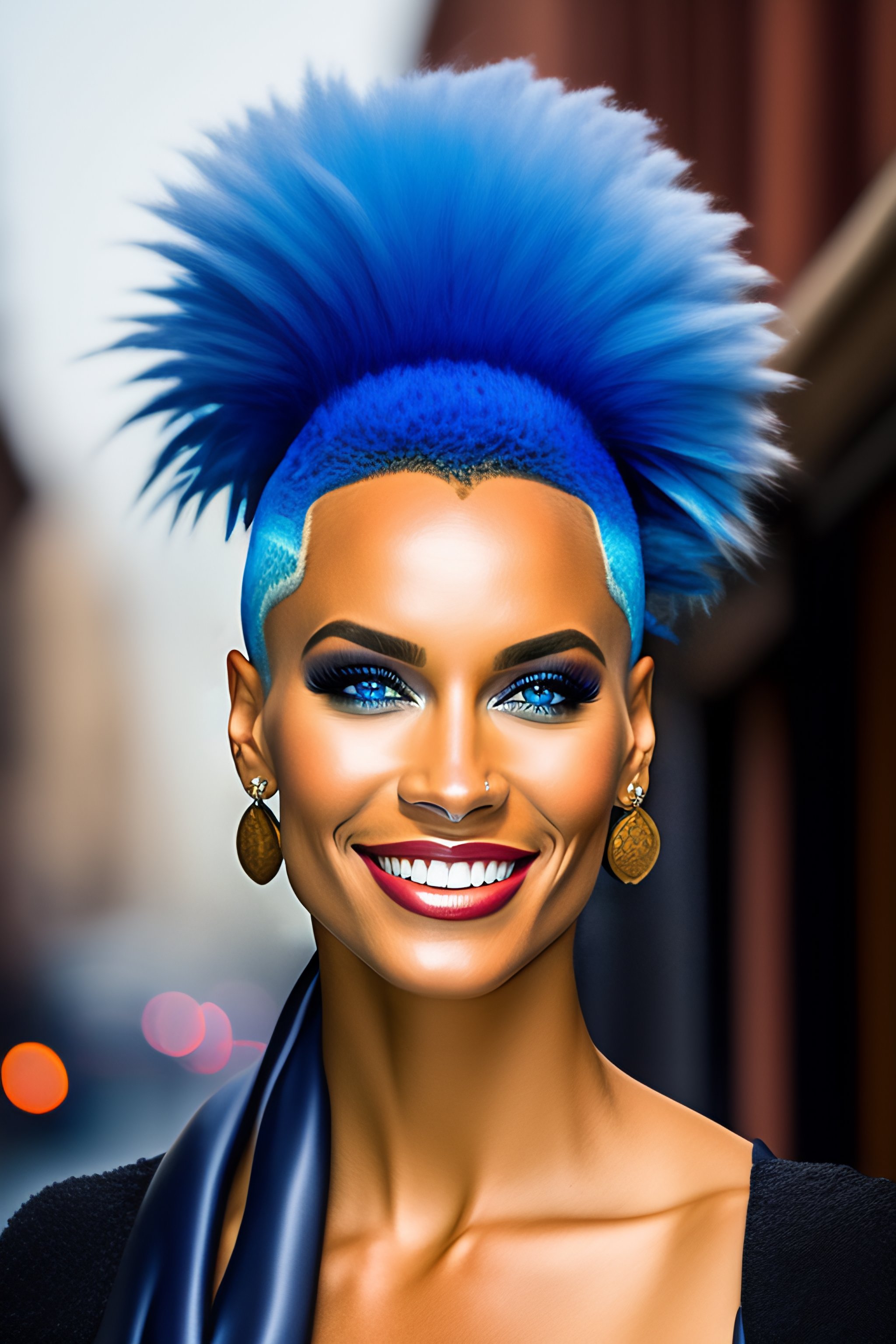 Lexica - Woman, tall, blue eyes, smiling, mohawk