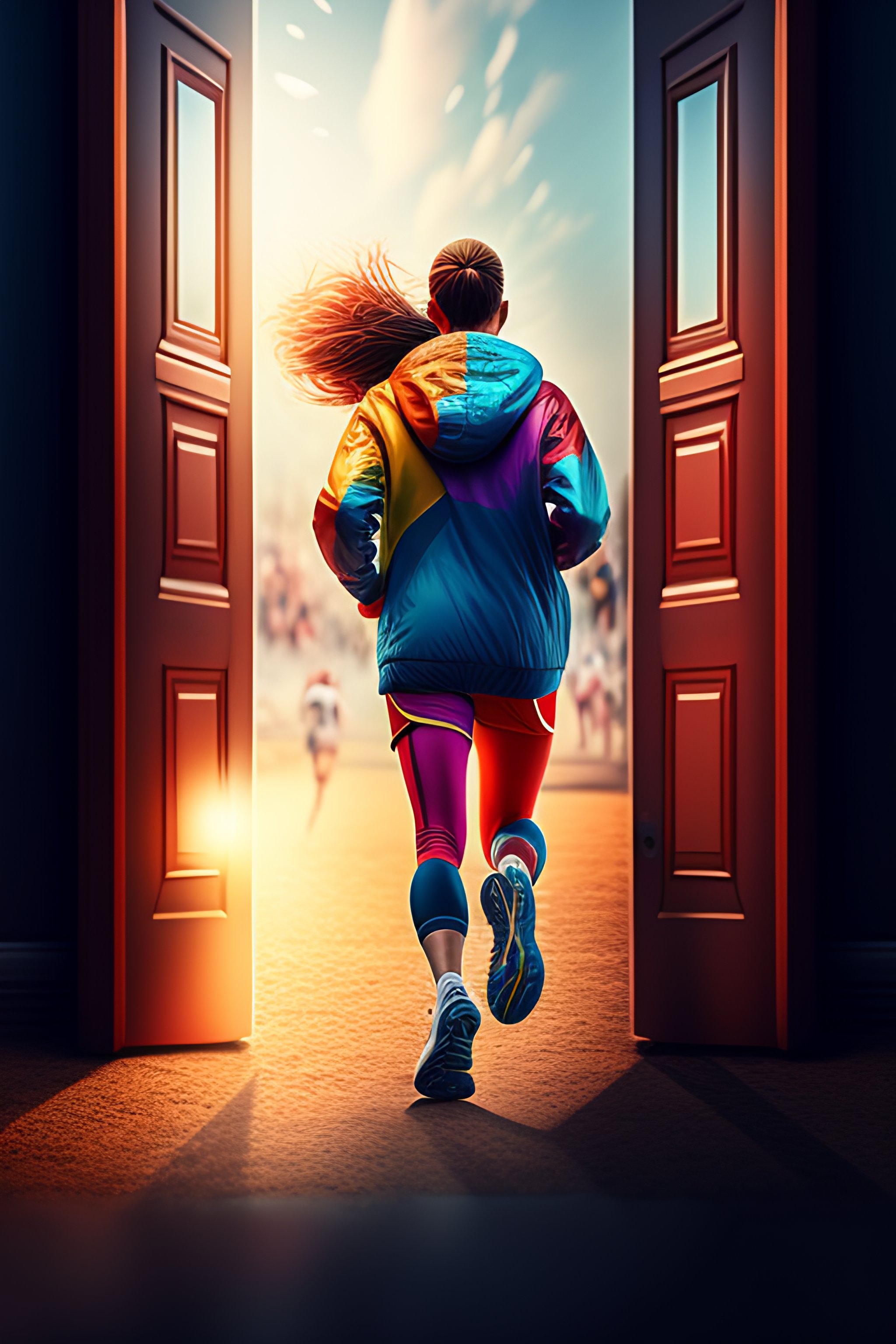 Lexica - A person running for a door, Panic, urgency, love, together ...