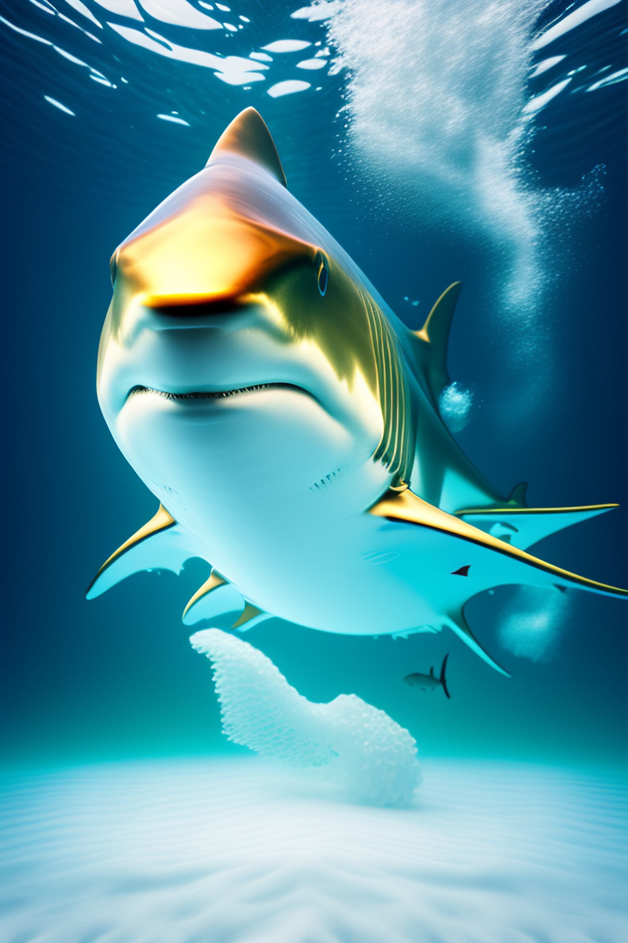 Lexica - A golden white agressive shark, swiming under ice, volumique ...