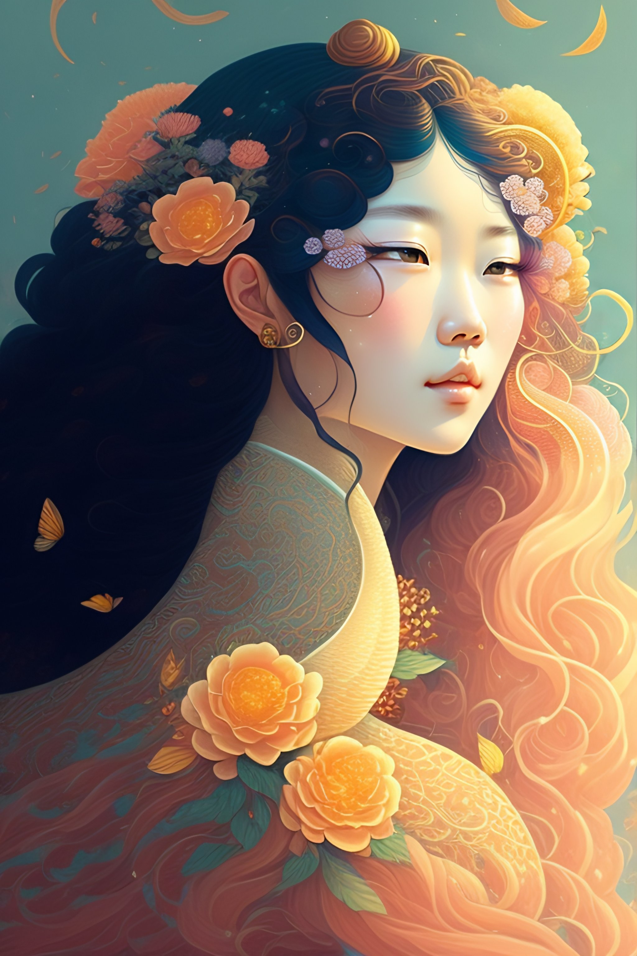 Lexica - Beautiful cute front portrait Korean ninfa, big long curly ...