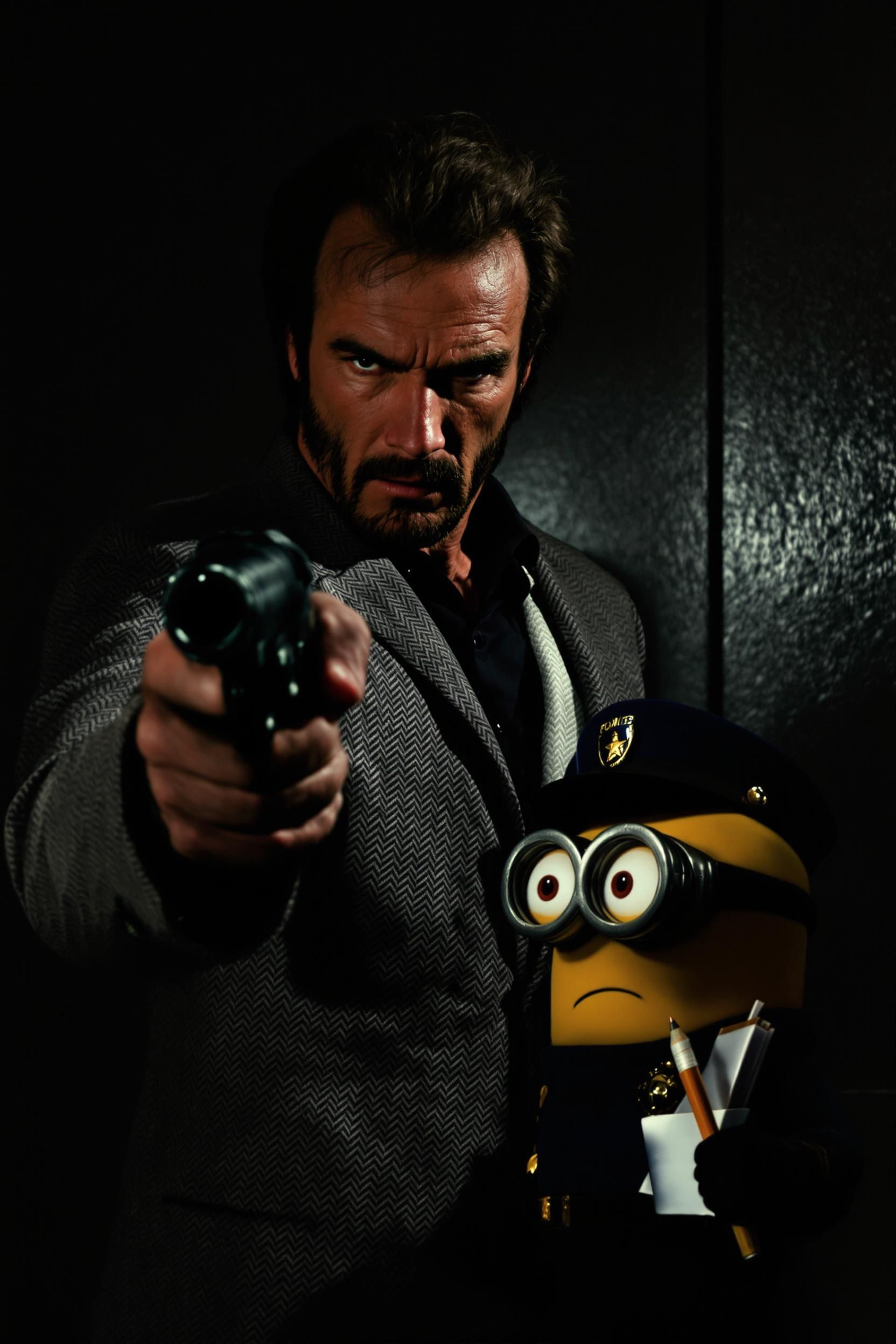 Lexica - Clint Eastwood and Minion in scene from movie "Dirty Harry"
