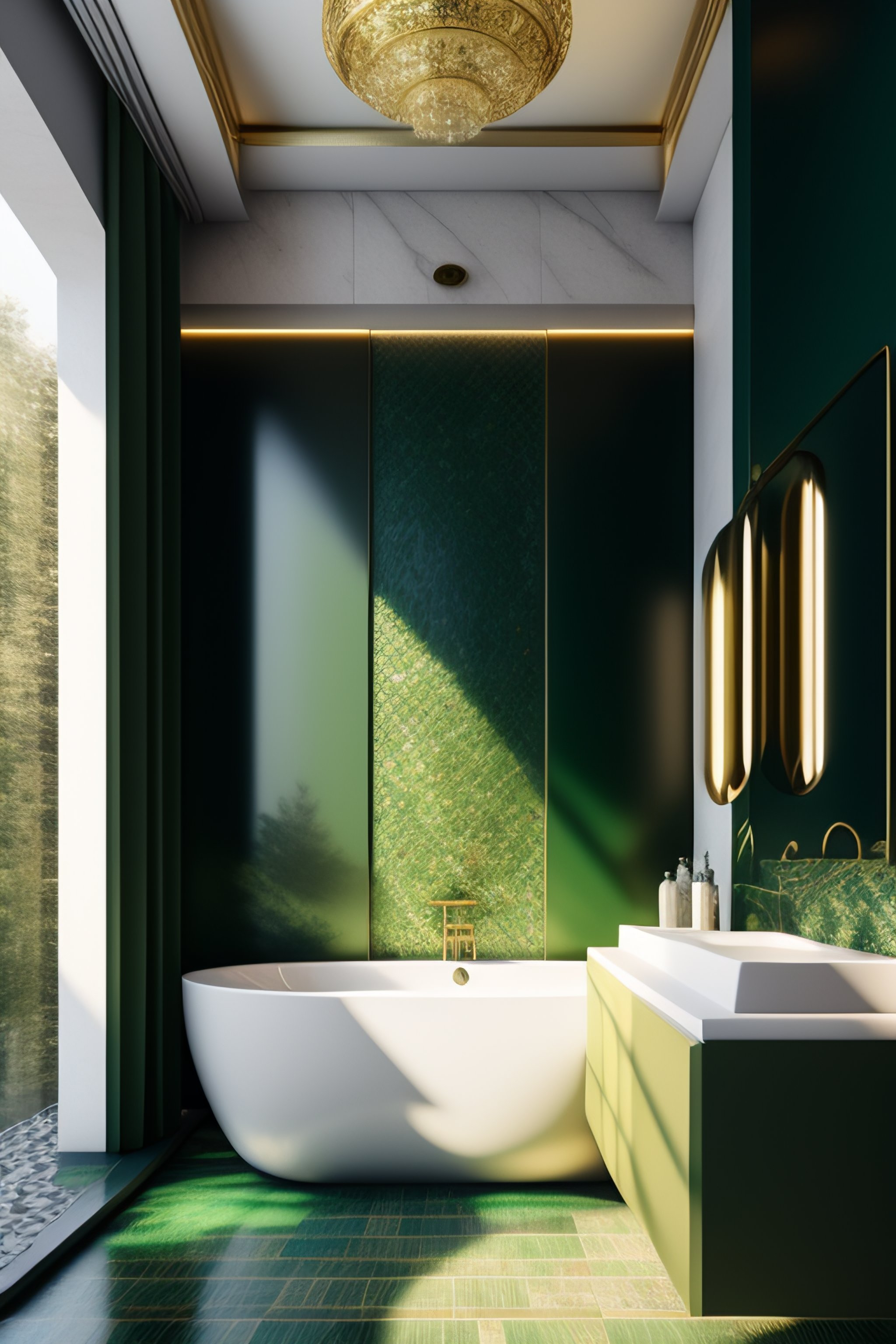 Lexica - Architectural render of an opulent spa bathroom with green and ...