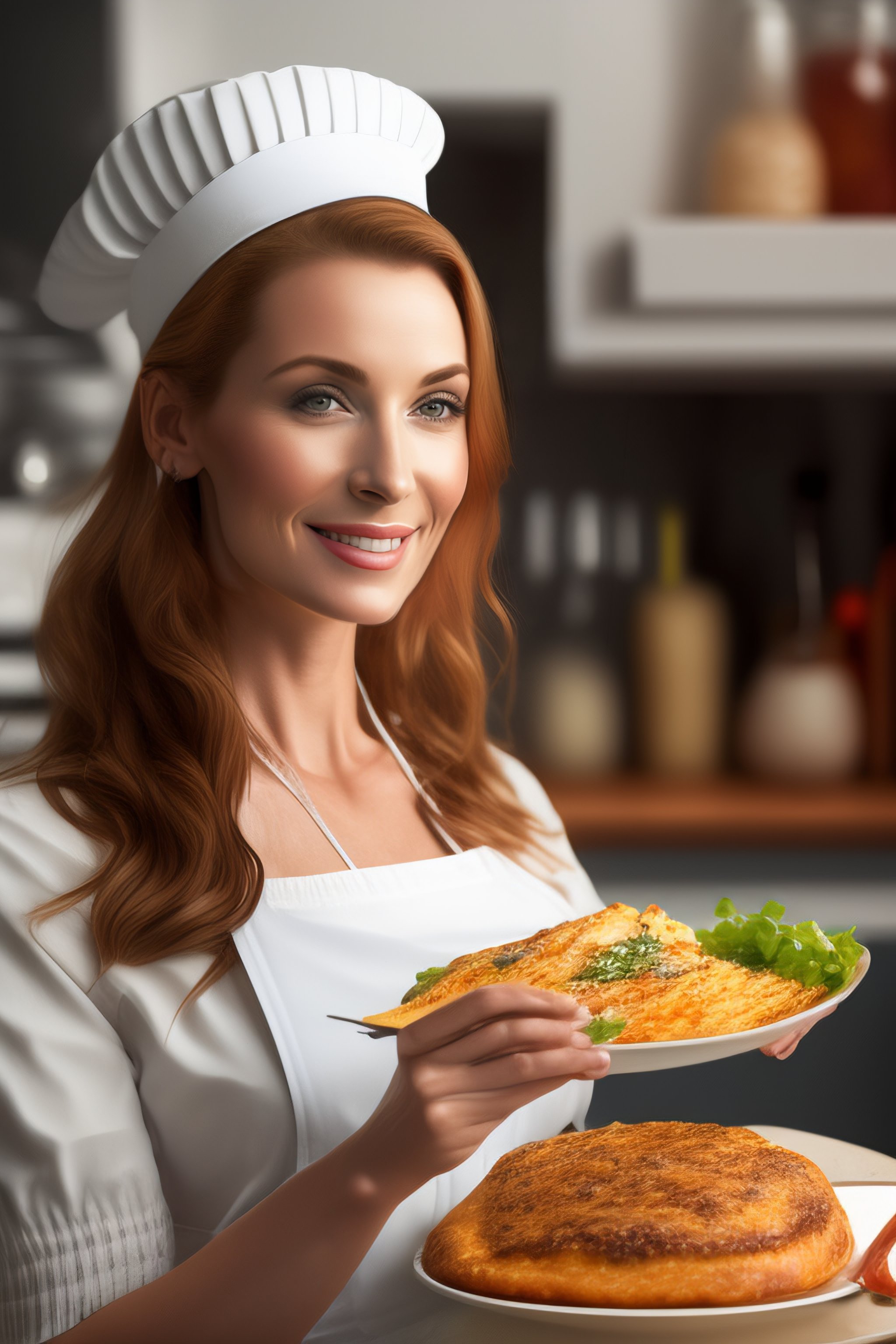 Lexica - Beautiful white woman with big bra cooking food, full body