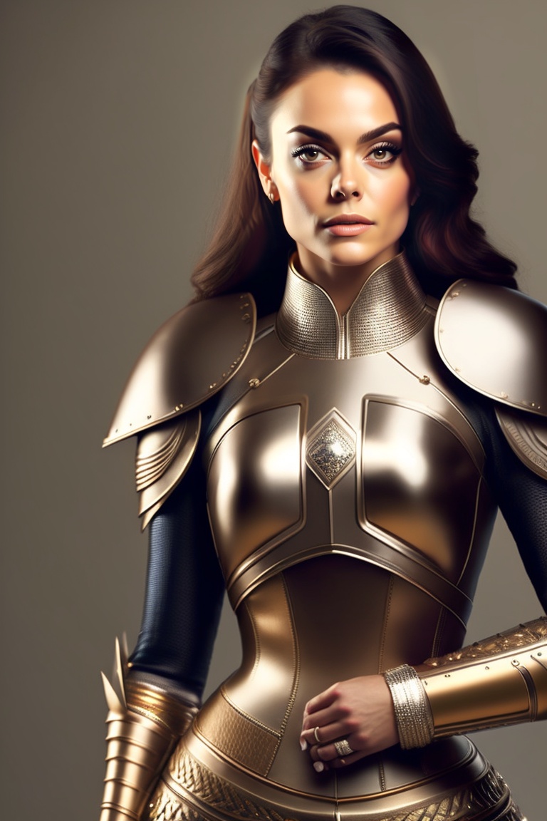 Lexica - Photograph of Mila Kunis in armour, full length