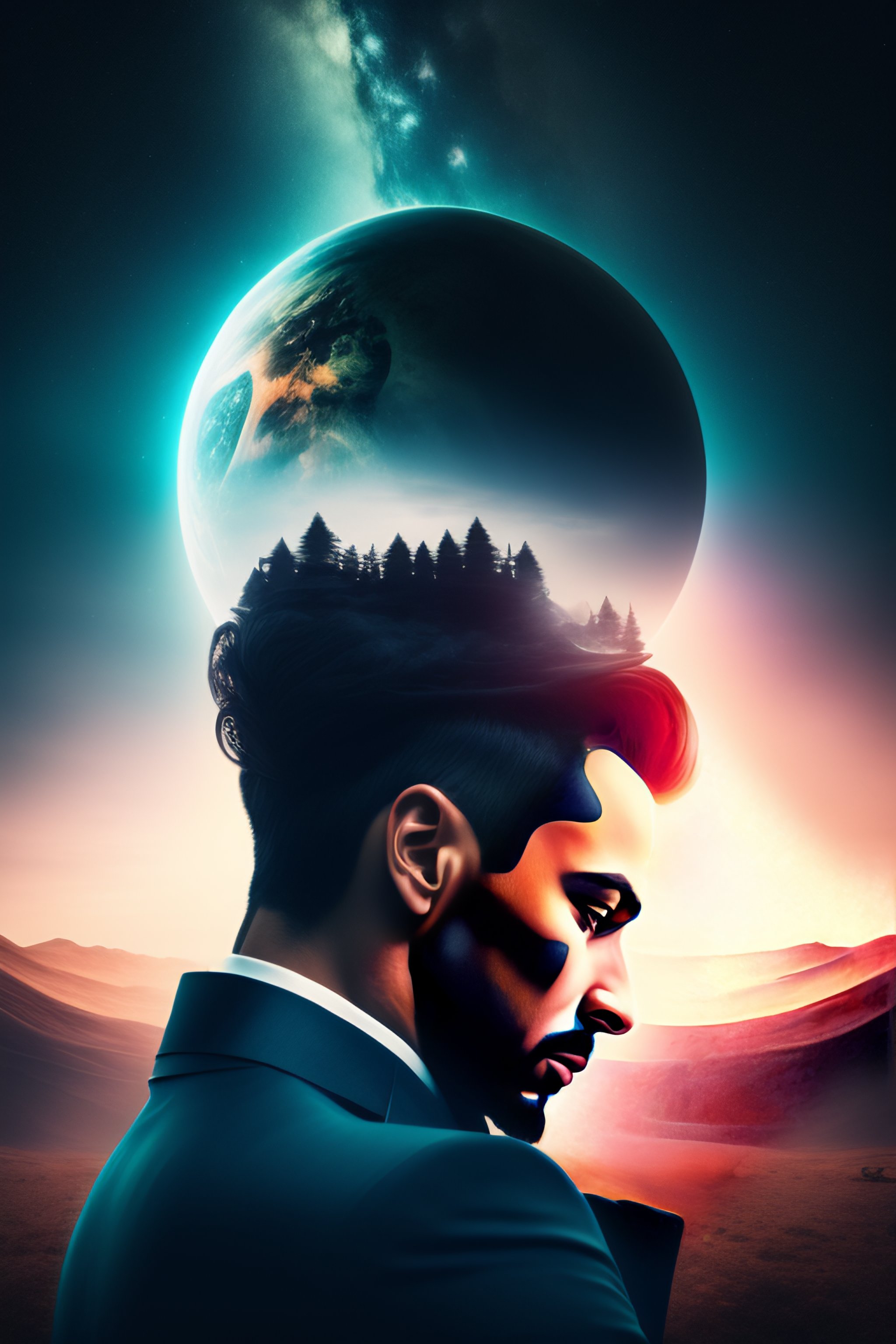 Lexica - Futuristic picture of a headless man holding his head in hand