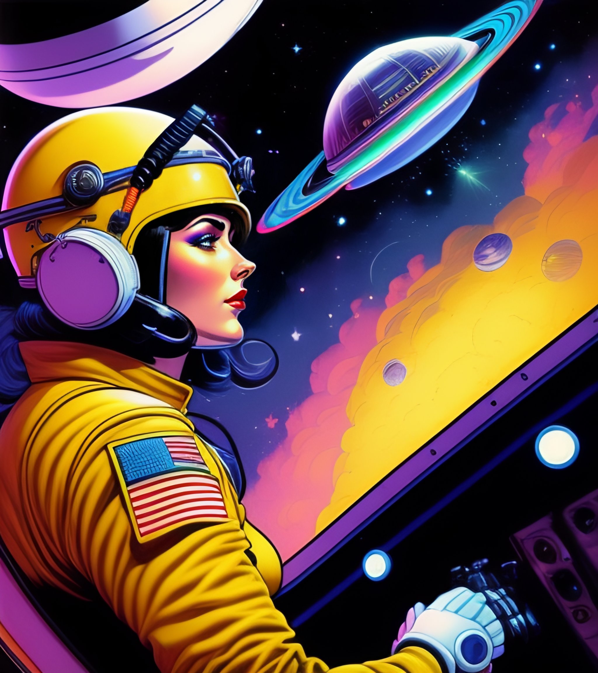 Lexica - Retro space captain giving commands to the crew in spacecraft ...