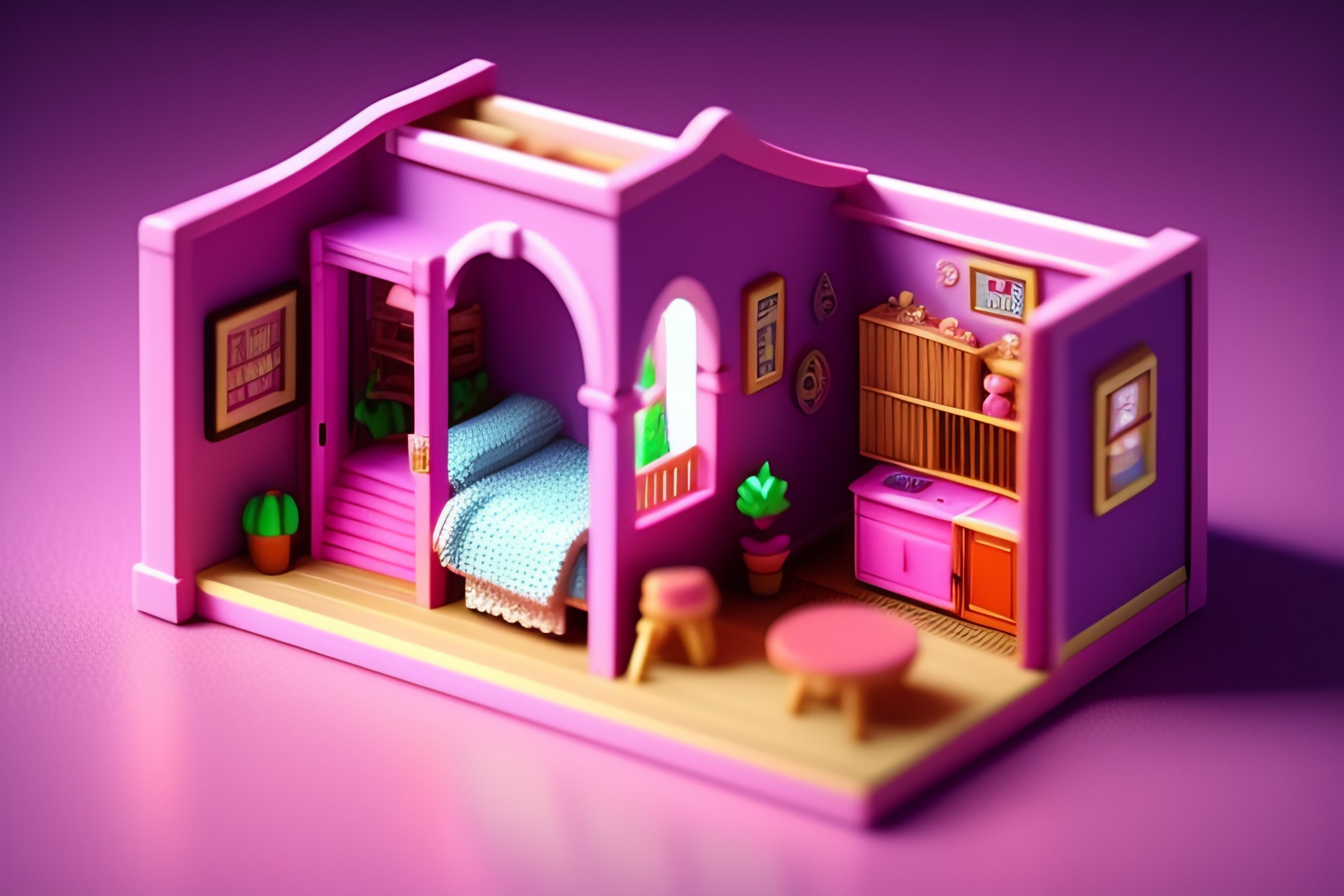 Lexica - Tiny cute voxel 2d perspective doll house room of a pink large ...