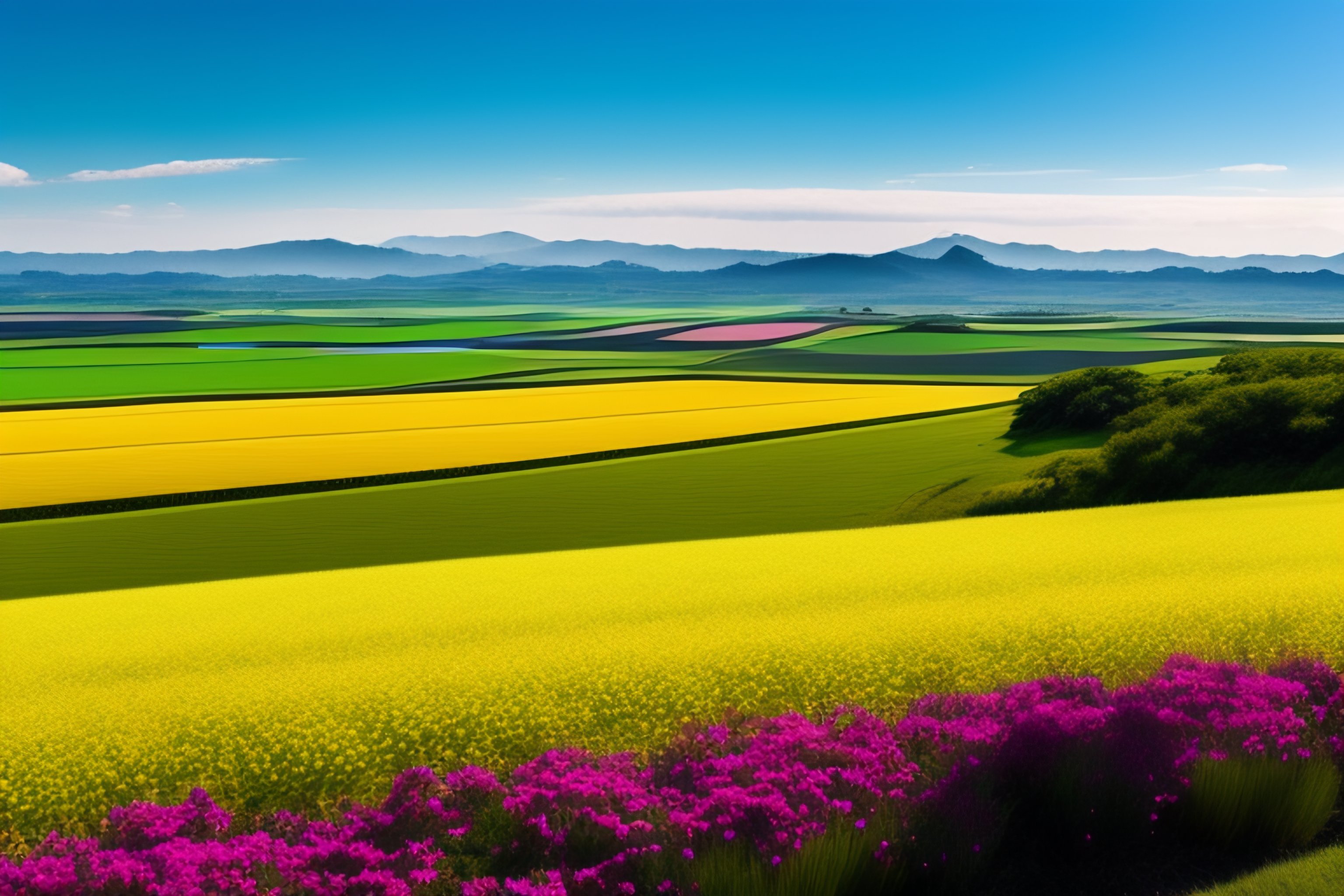 Lexica - The landscape is completed by green and flowering fields ...