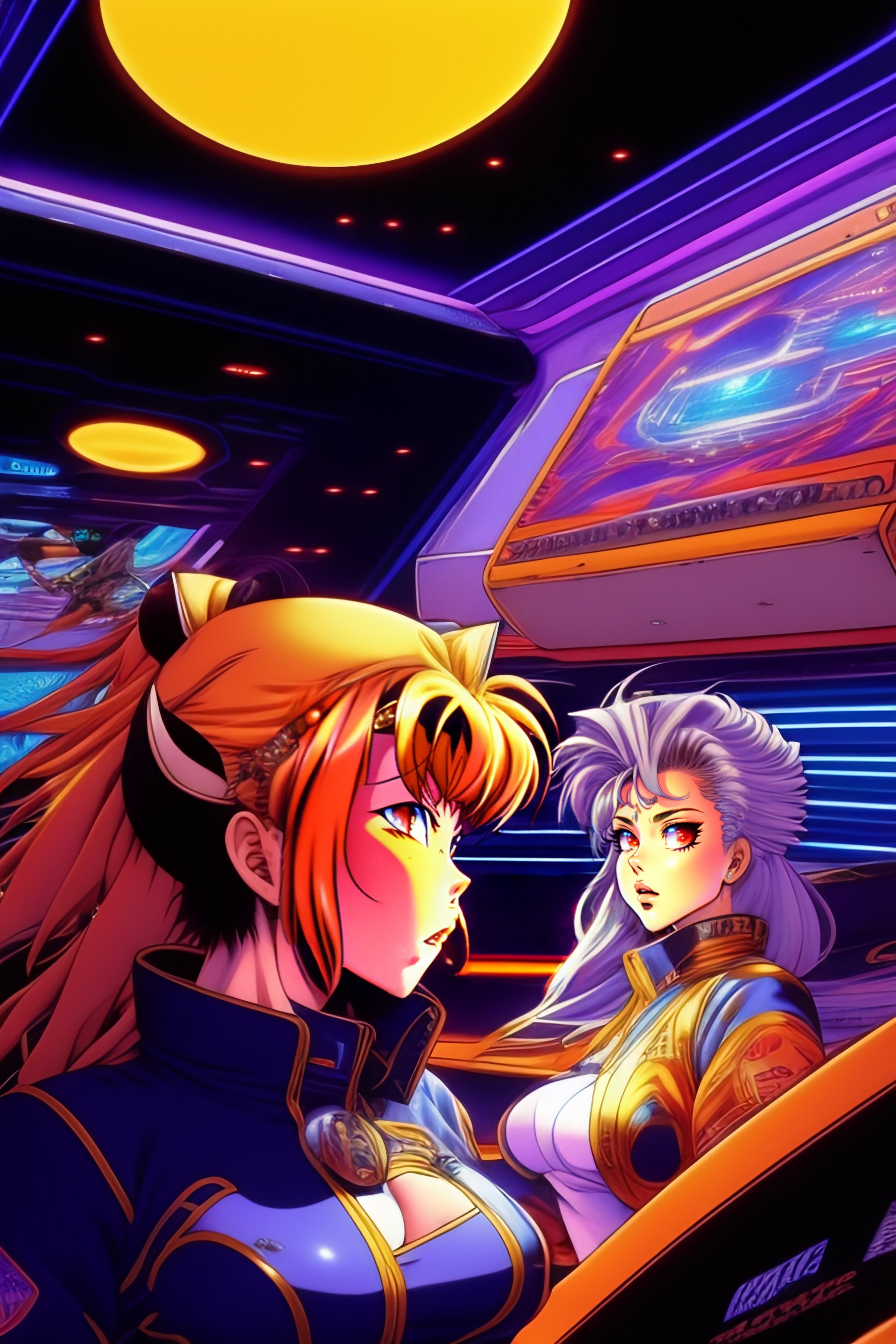Lexica - Vintage 90's anime style. cluttered starship interior; crew ...