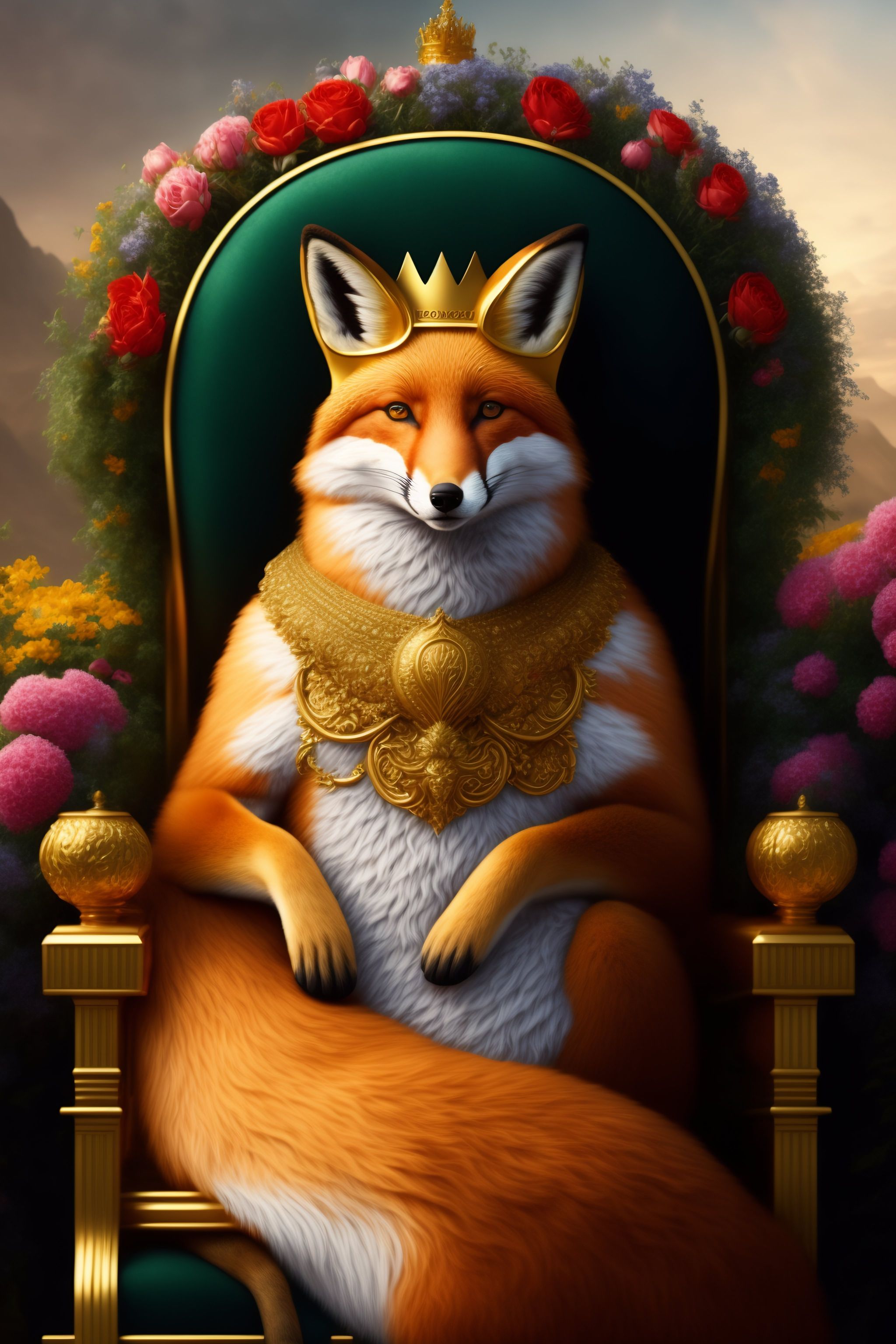 Lexica - A cunning fox with a golden crown on his head sits on a throne ...