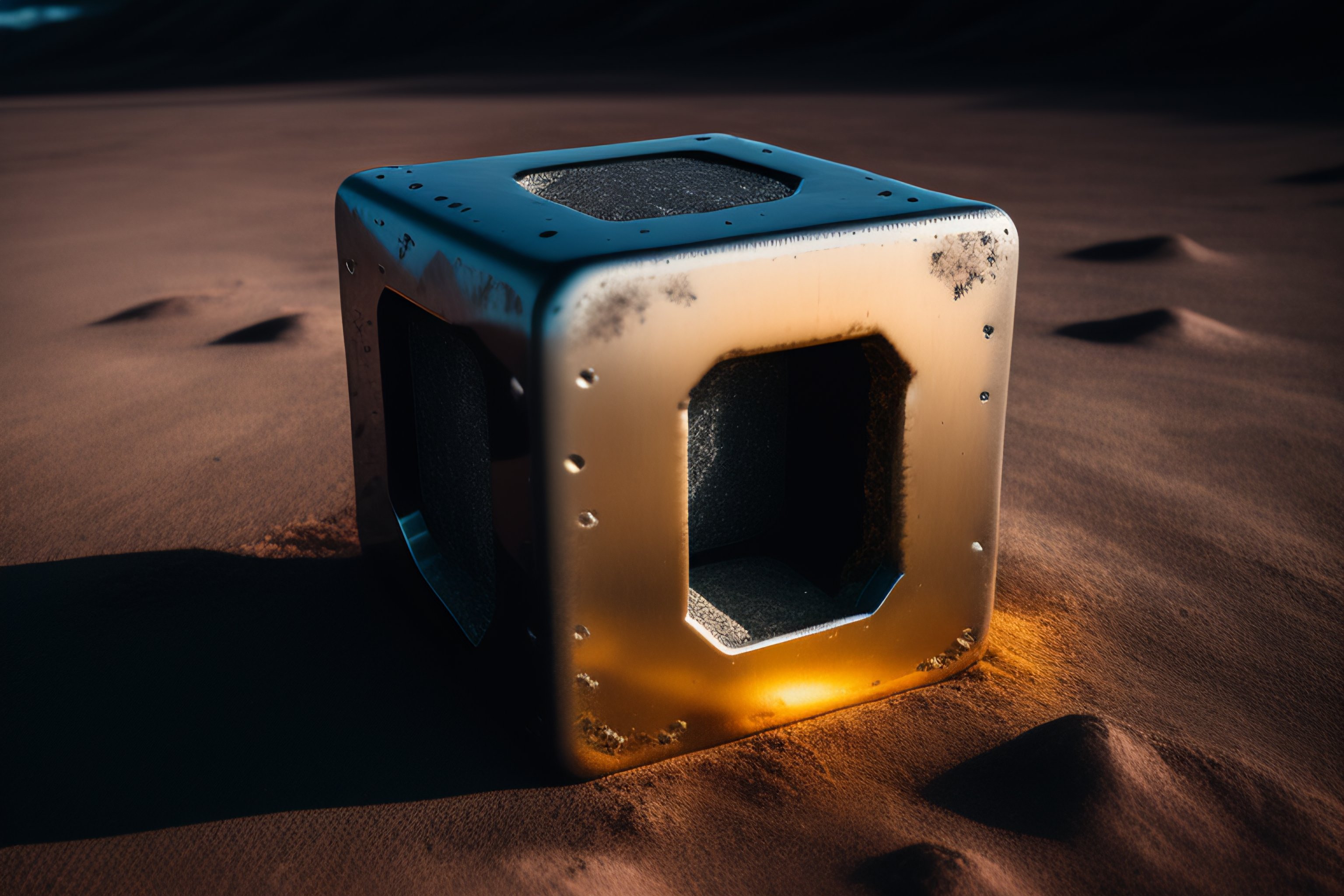 Lexica - Photograph of corroded metal cube with markings etched onto ...