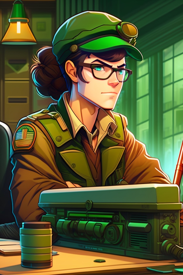 Lexica - A sniper, seated at a desk with a sly and sneaky expression on ...