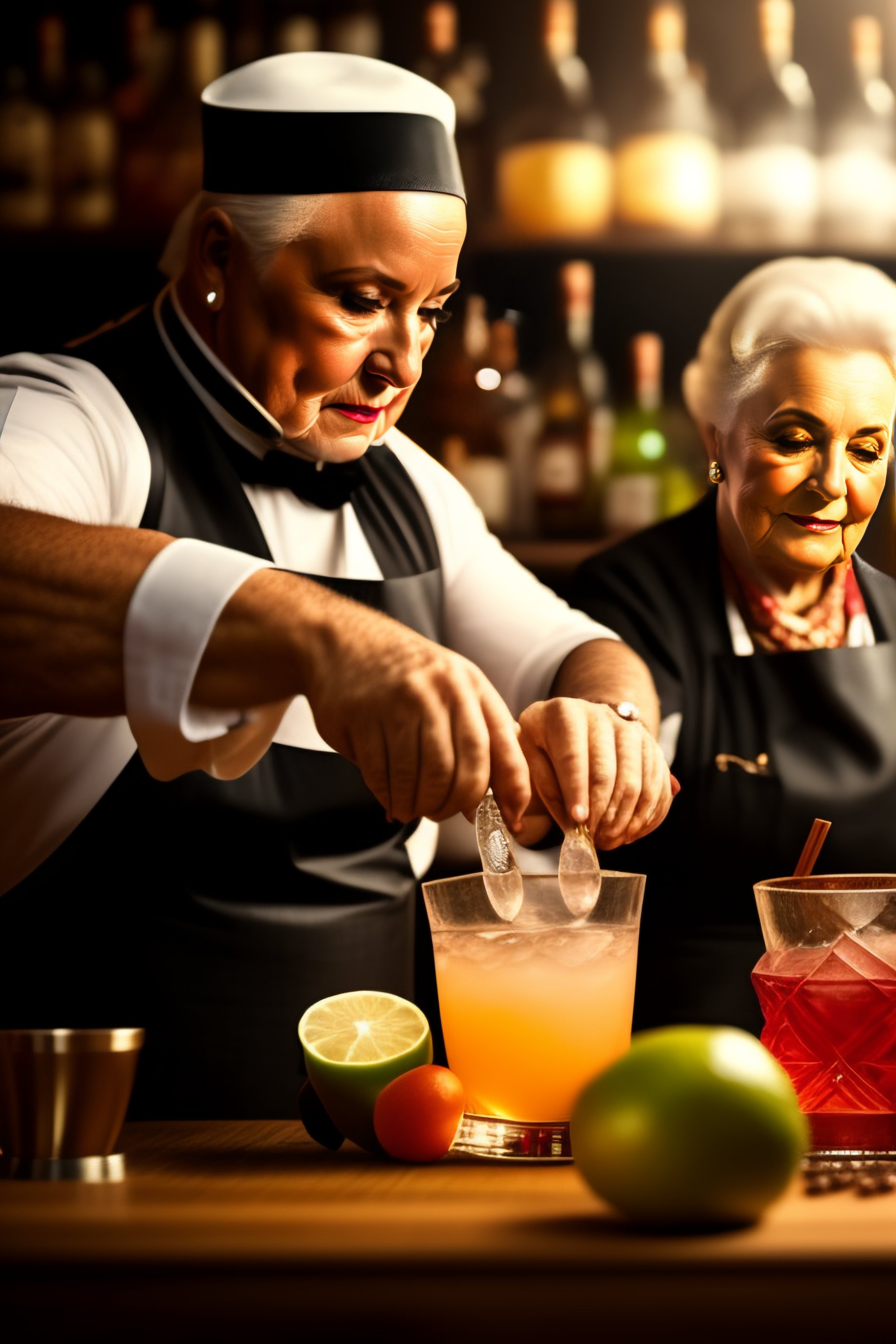 Lexica - Old women mixologists creating Cocktails mixology in arena