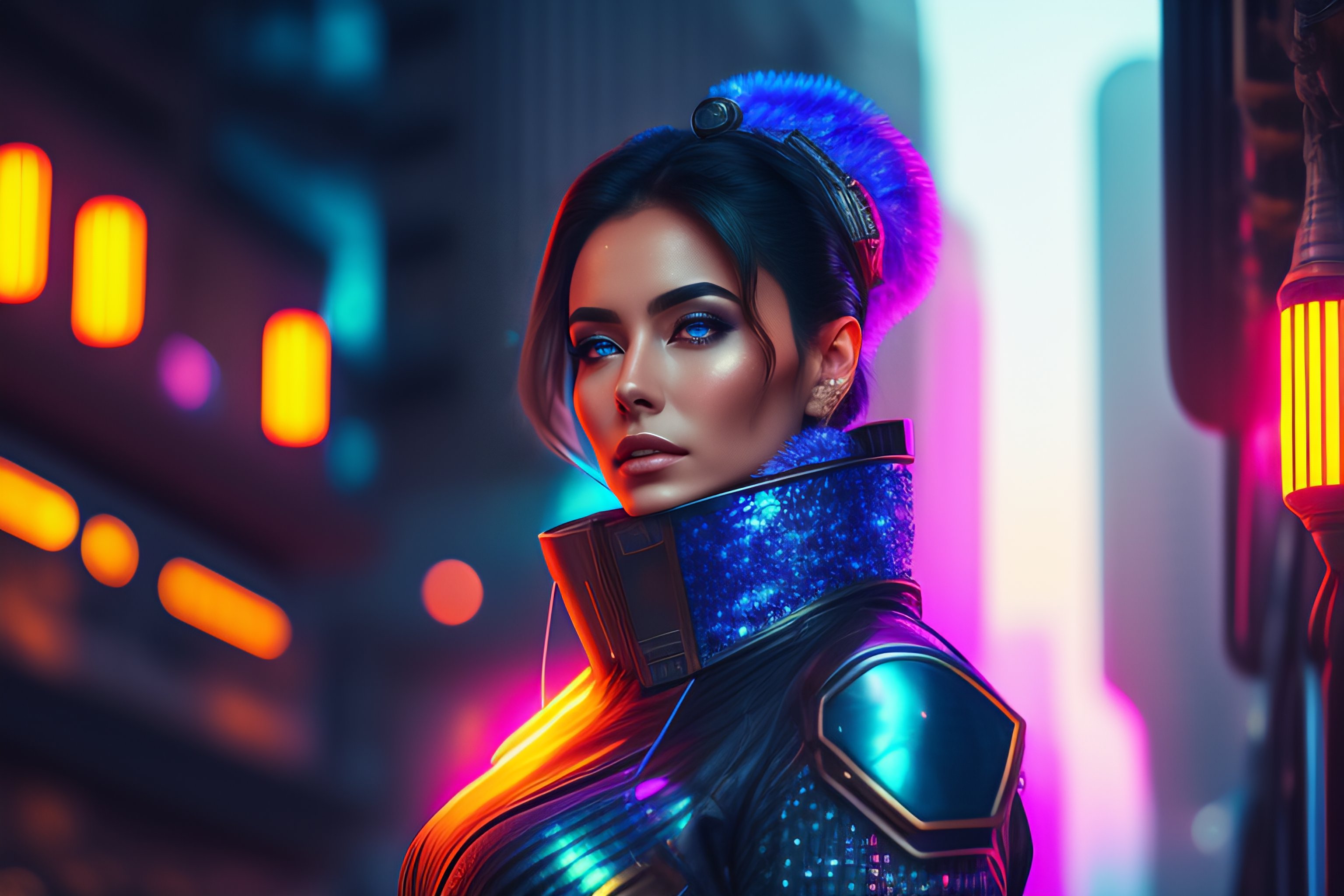 Lexica - Beautiful sci-fi girl from future wearing furry coat pink blue ...