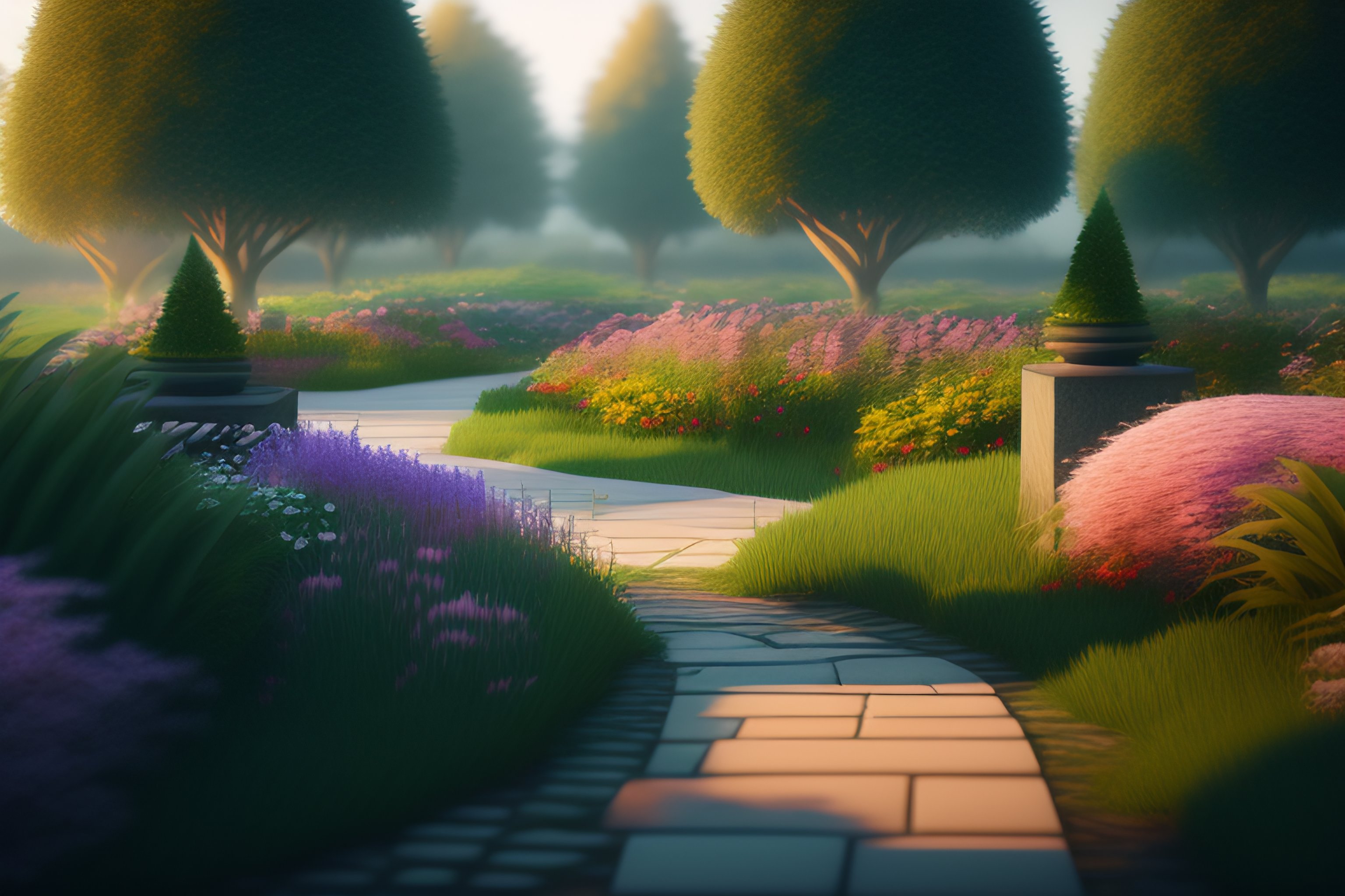 Lexica - Professional photograph landscape garden with flowers, unreal ...