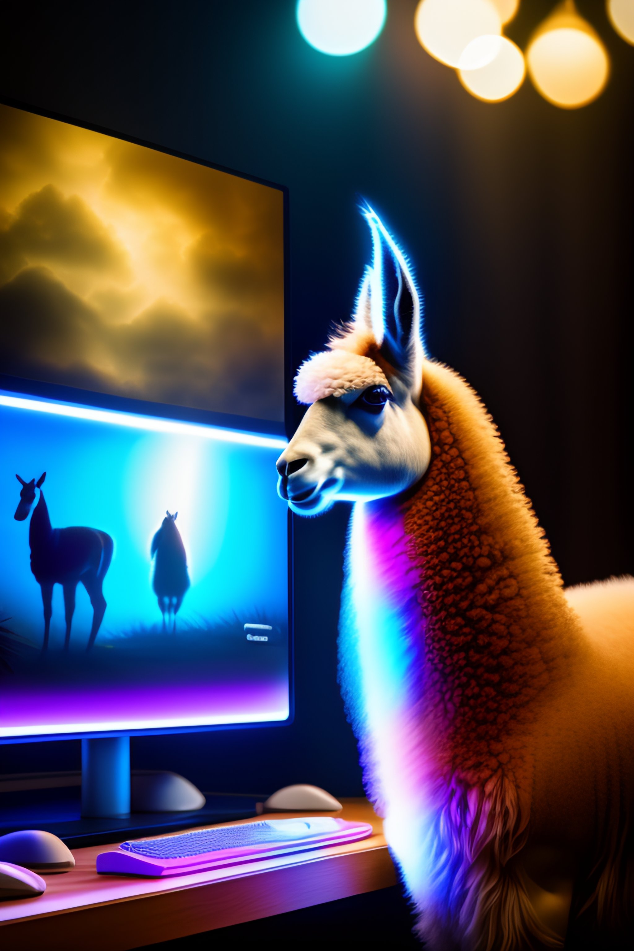 Lexica - Lady, llama playing video games in a room with neon, gaming pc ...