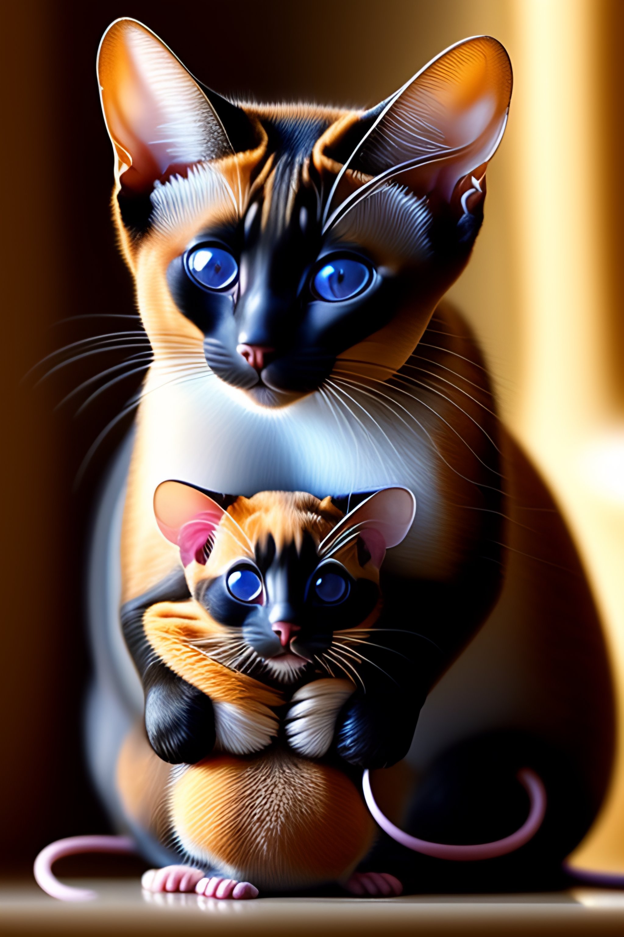 Lexica - Siamese cat hugs a mouse