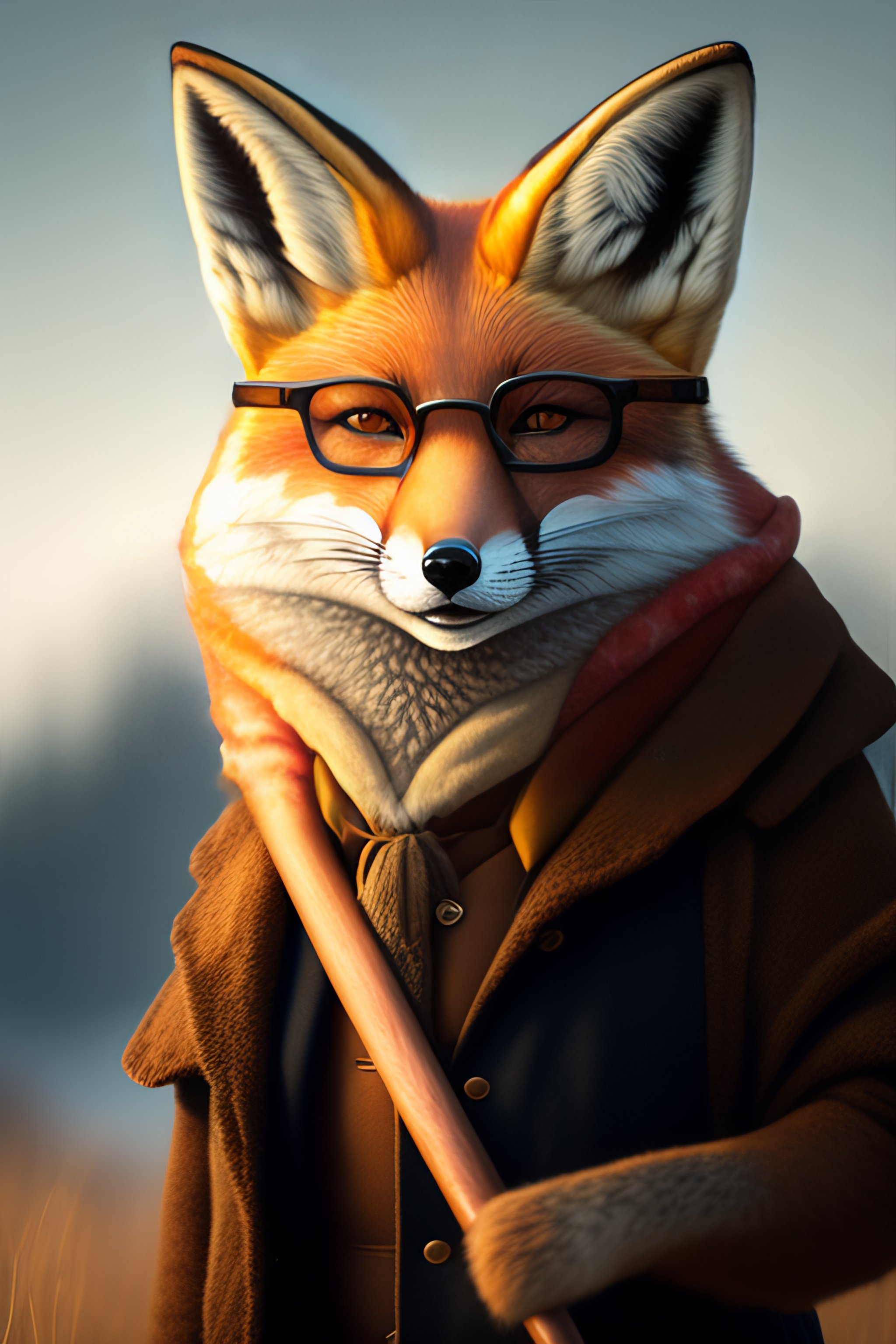 Lexica - Portrait of an old fox with glasses and walking sticks.