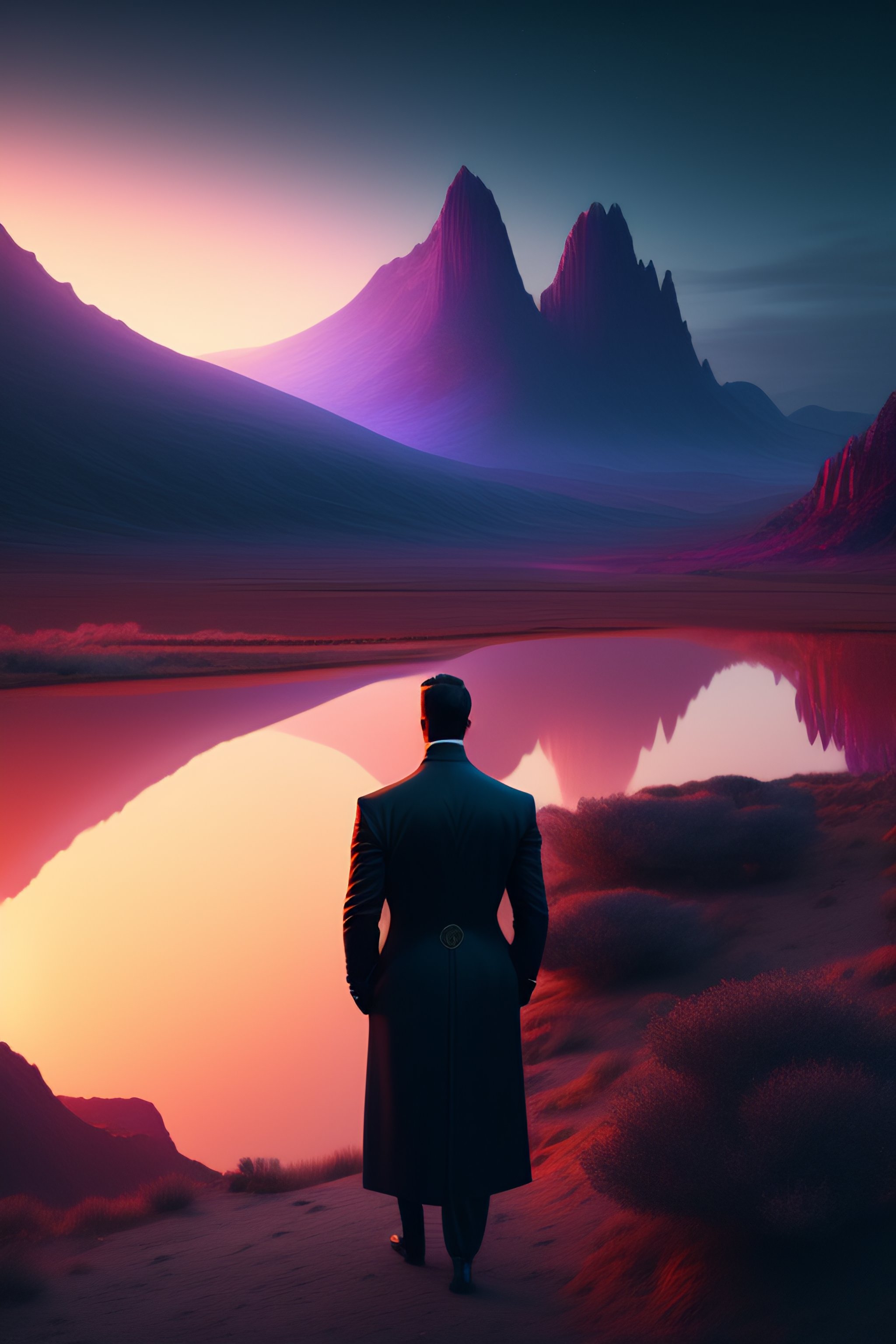 Lexica - Stunning landscape with a suited man standing in the distance ...