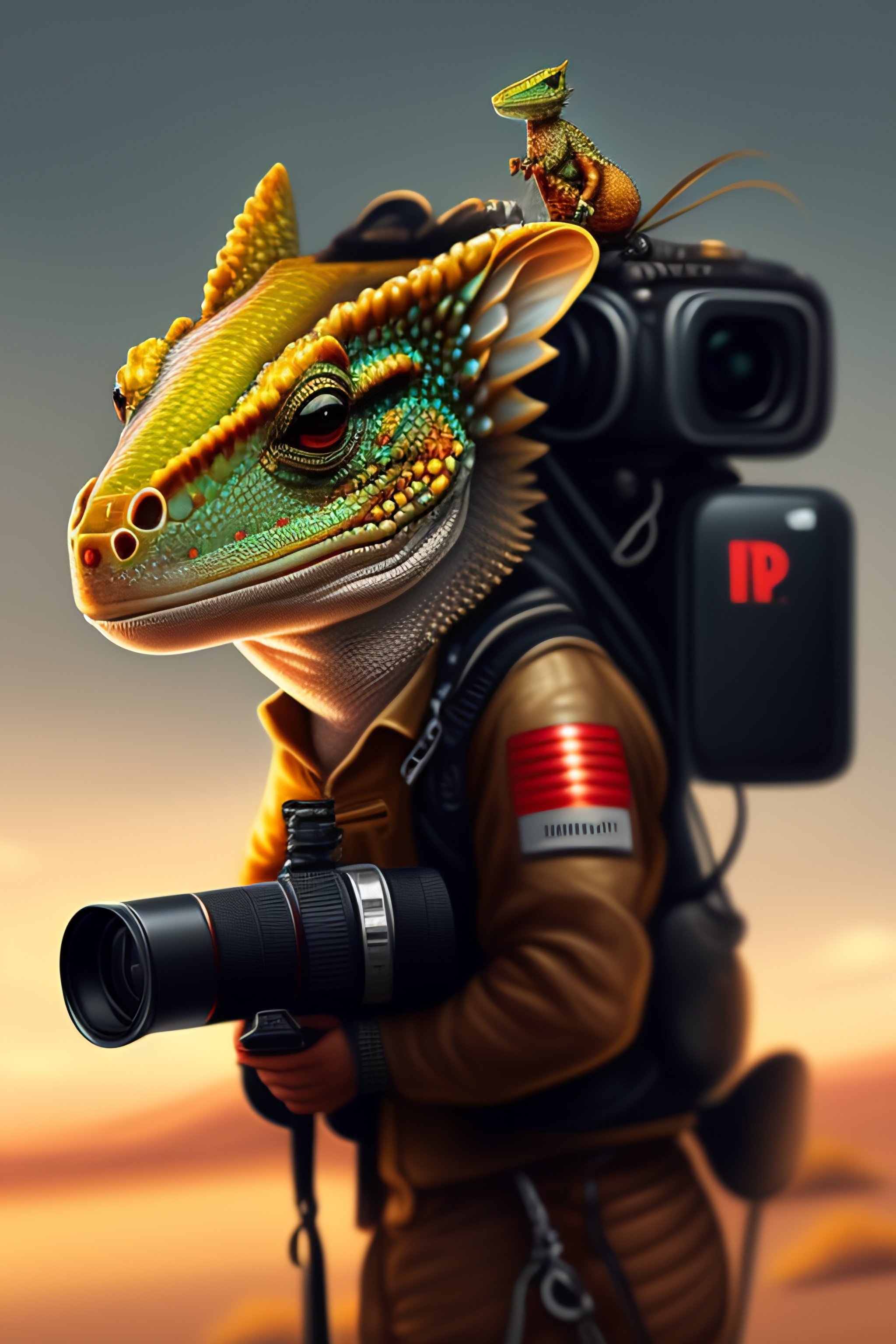 Lexica - A detailed portrait of an anthropomorphic lizard photographer ...