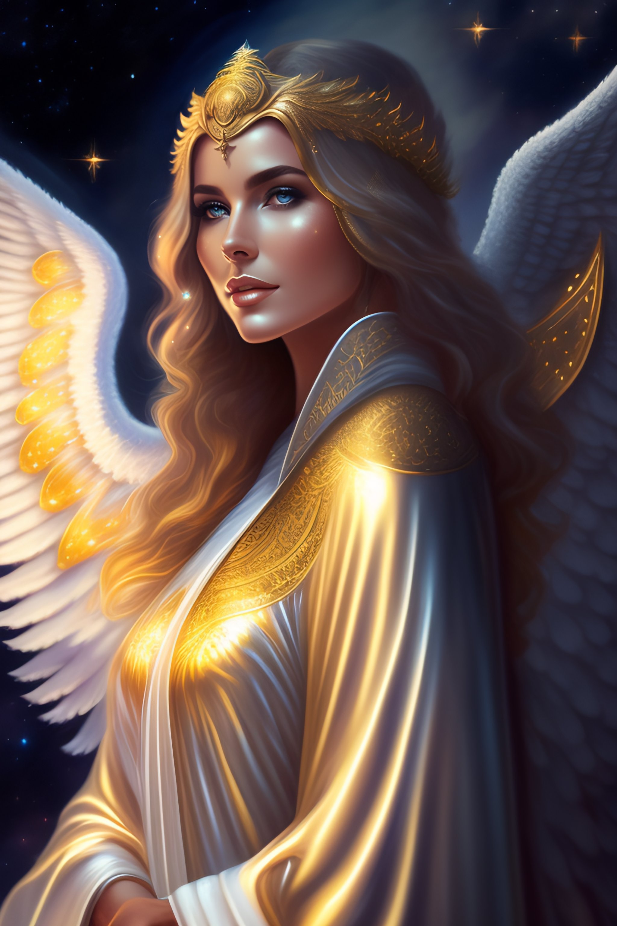 Lexica - A woman with angel wings wearing a silver-white robe meets ...